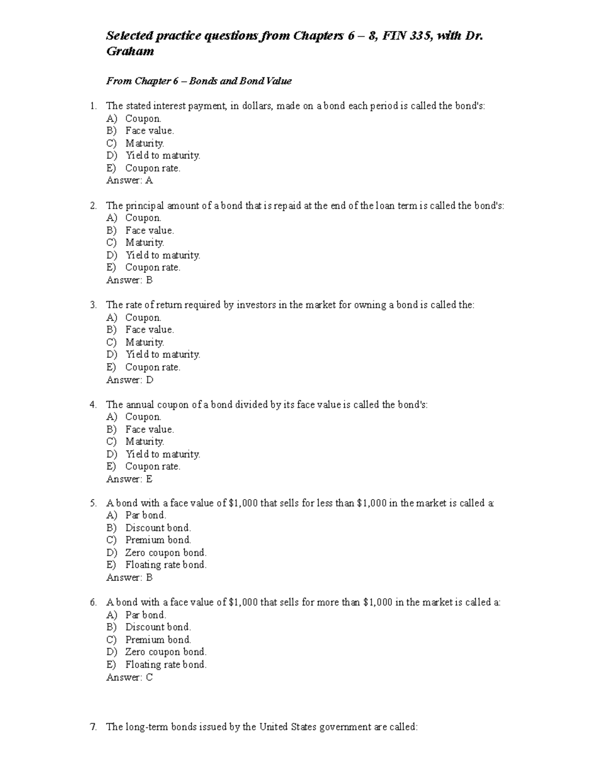 FIN335Ch678Questions - Selected practice questions from Chapters 6 – 8 ...