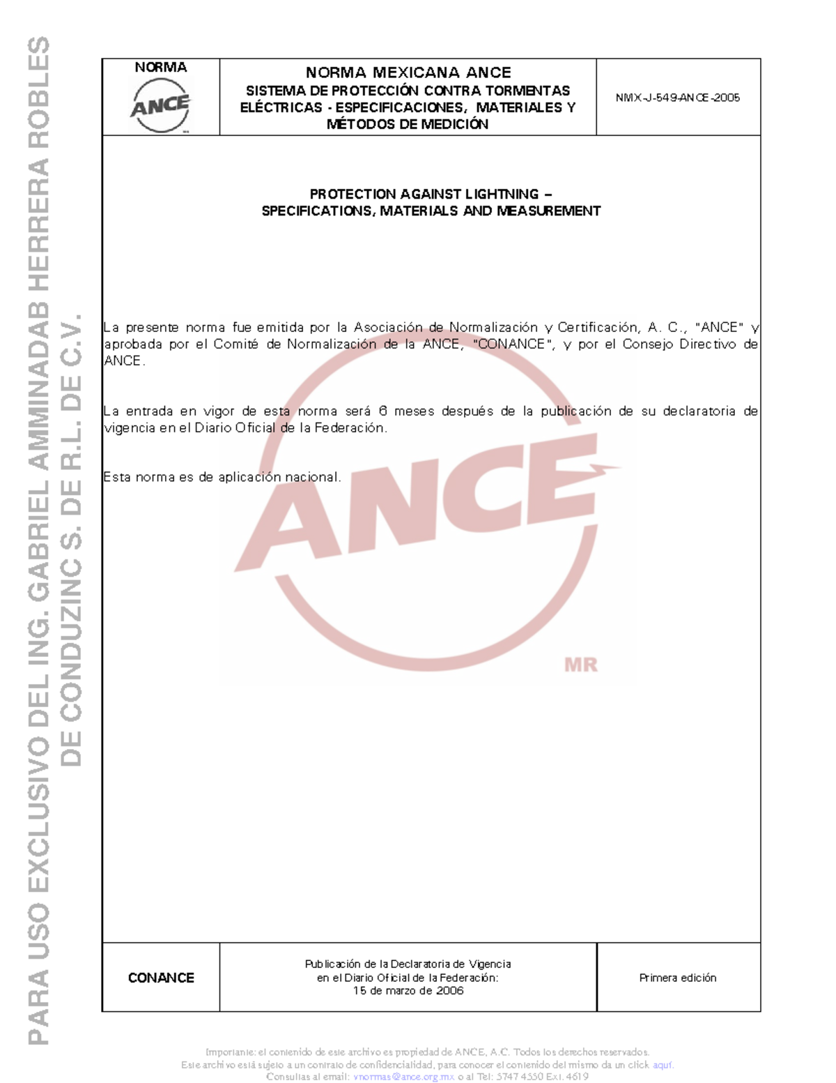 NMX-J-549-ANCE-2005 , Pararrayos y sistemas de puesta a tierra - Gestión institucional y ...
