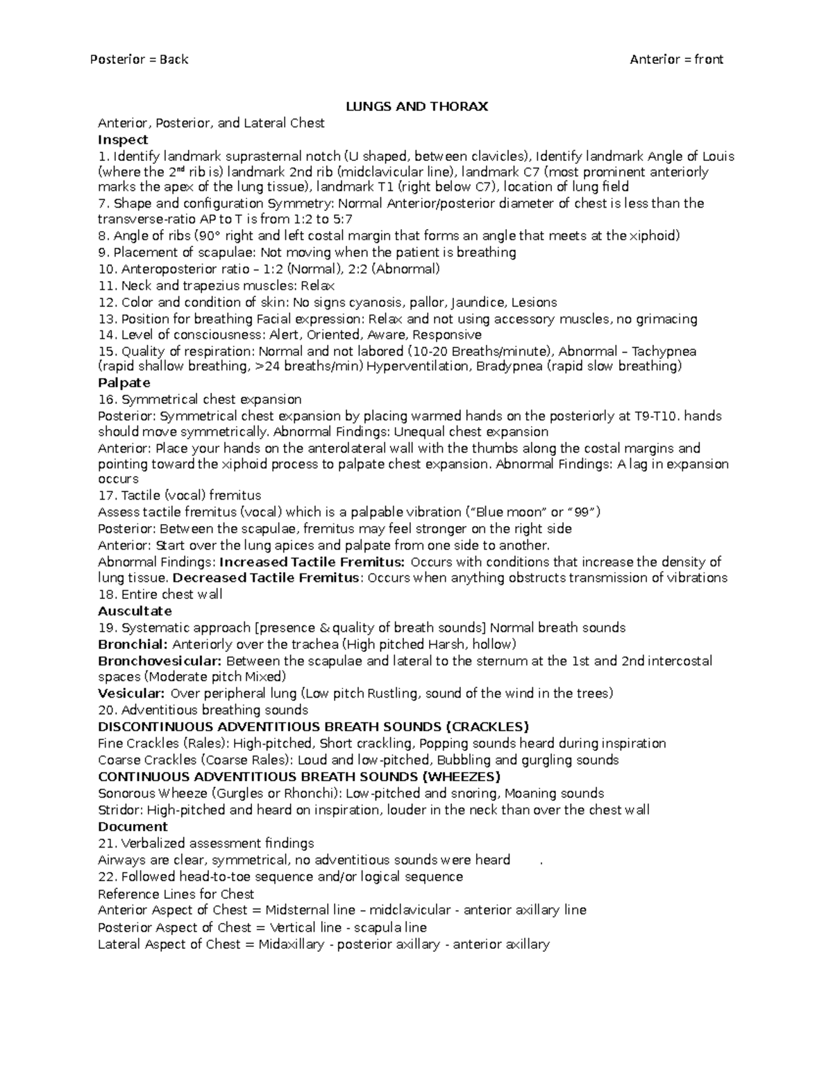 NURS 1068 Cheat Sheet - Posterior = Back Anterior = front LUNGS AND ...