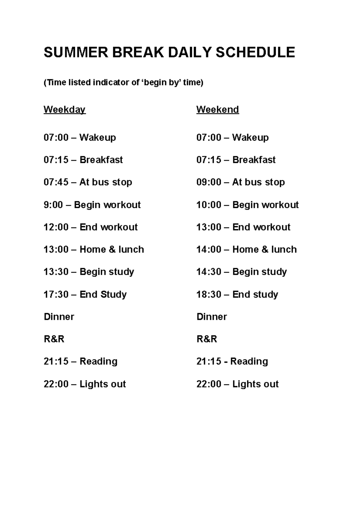 Summer Break Daily Schedule - SUMMER BREAK DAILY SCHEDULE (Time listed ...