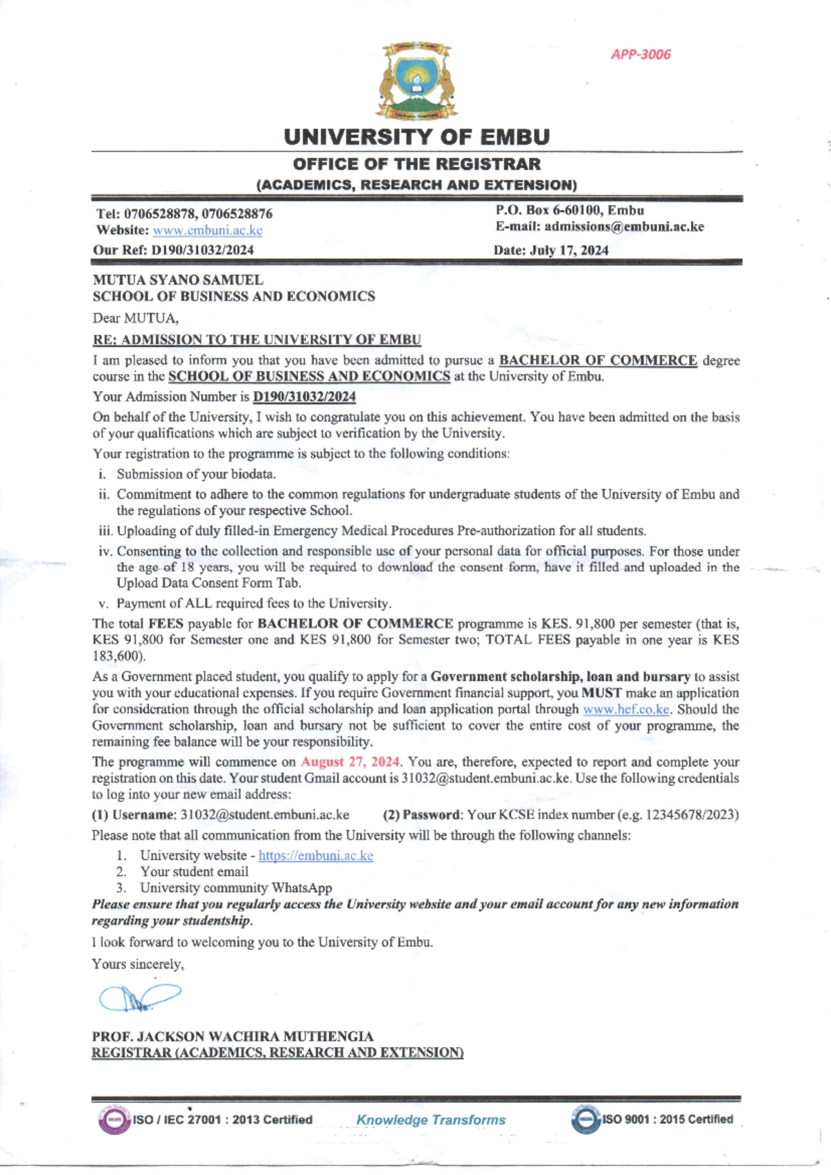 UOE - ADMISSION APPLICATION - UNIVERSITY OF EMBU OFFICE OF THE ...