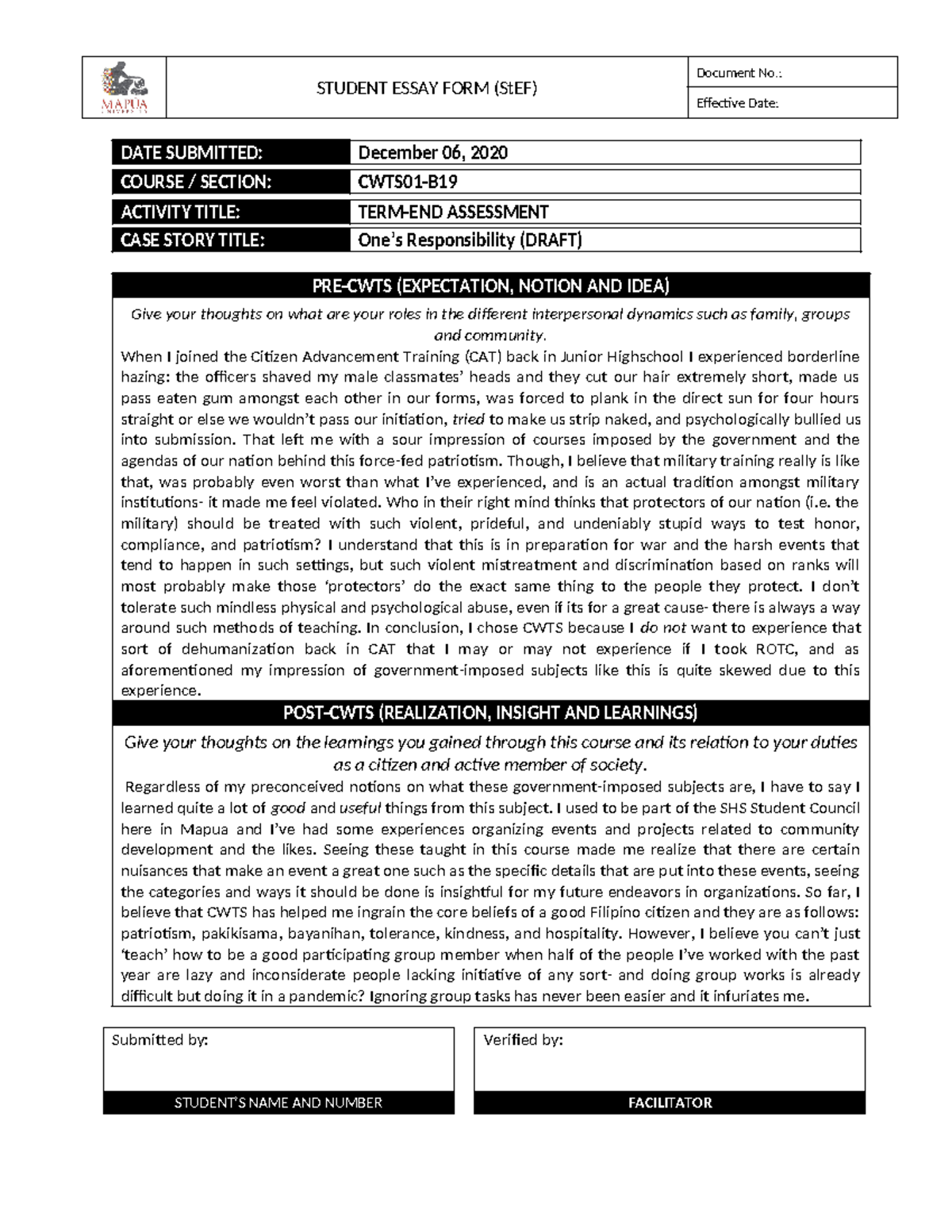 Draft Essay on One's Responsibility - STUDENT ESSAY FORM (StEF ...