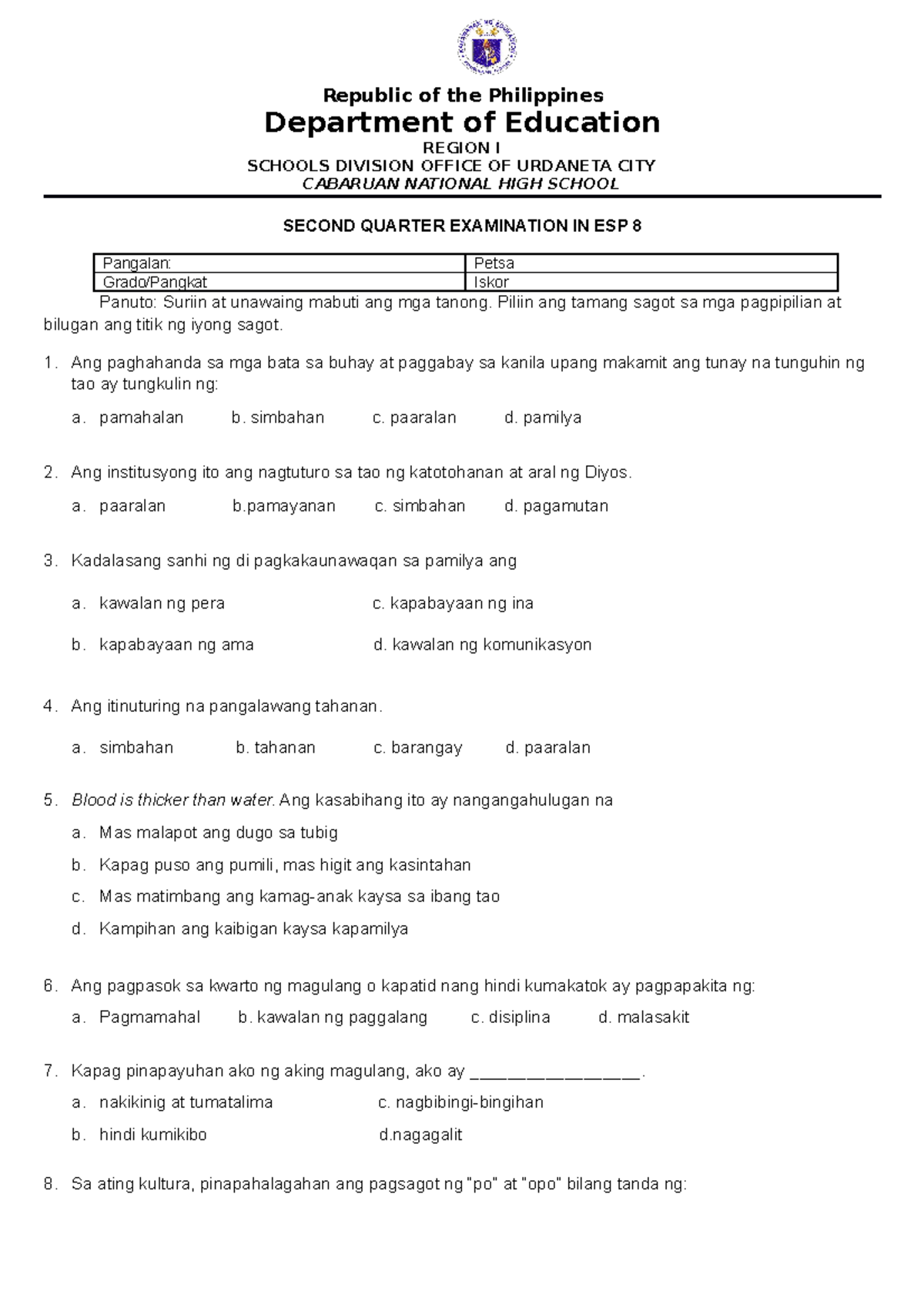 Q2 ESP-8-EXAM - Carms - Republic of the Philippines Department of ...