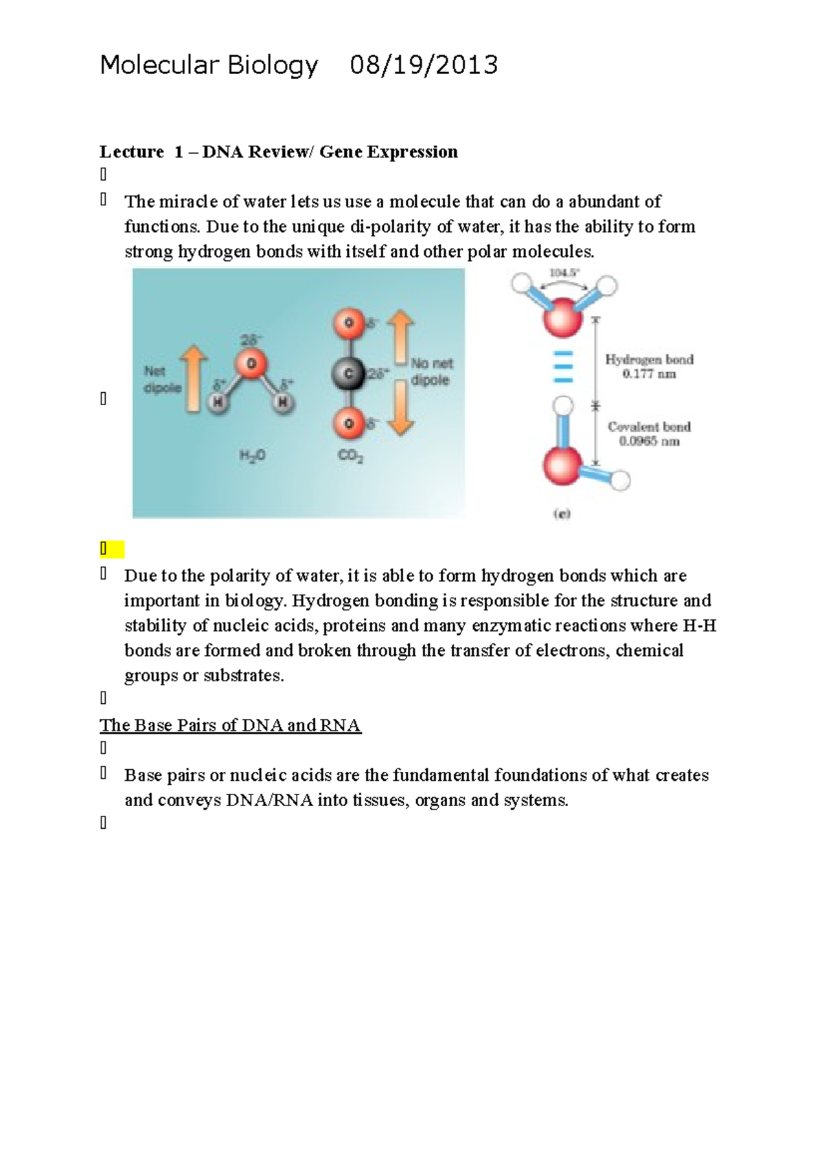 Molecular Biology Notes - Molecular Biology 08/19/ Lecture 1 – DNA ...