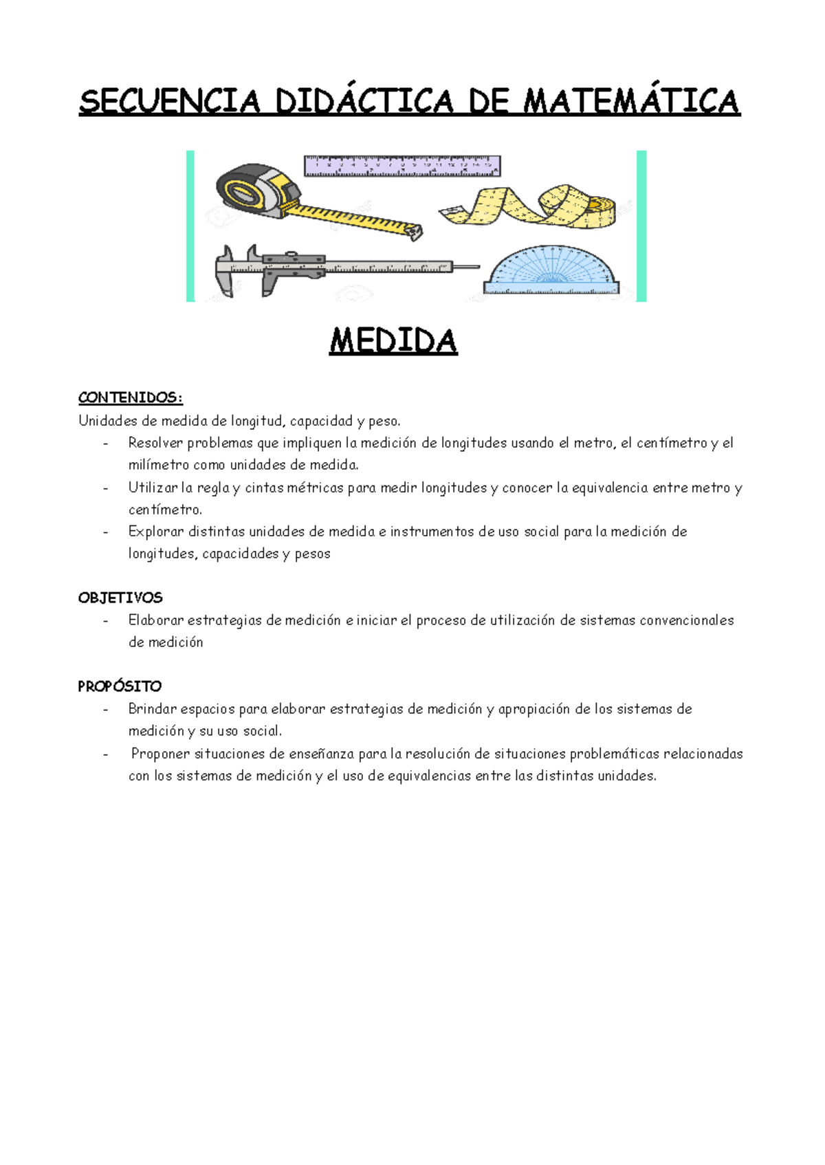 Medida Matemática - MATEMATICA - SECUENCIA DIDÁCTICA DE MATEMÁTICA MEDIDA CONTENIDOS: Unidades ...