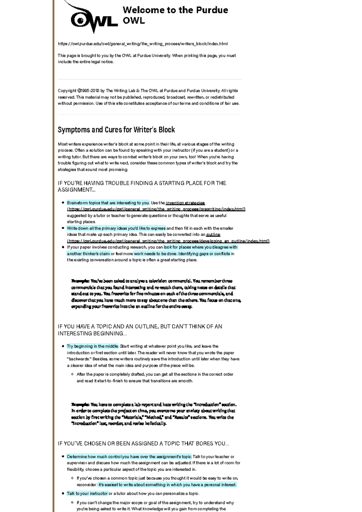 Symptoms and Cures for Writer's Block Purdue Writing Lab - Welcome to ...