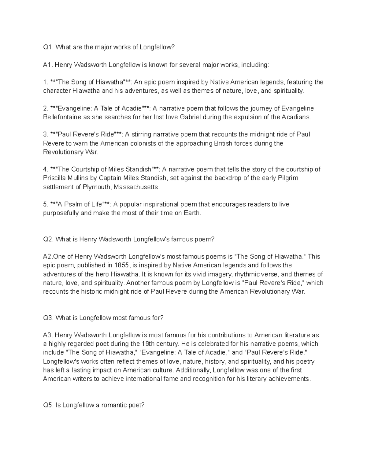 Stories H.W. Longfellow assignment - Q1. What are the major works of ...