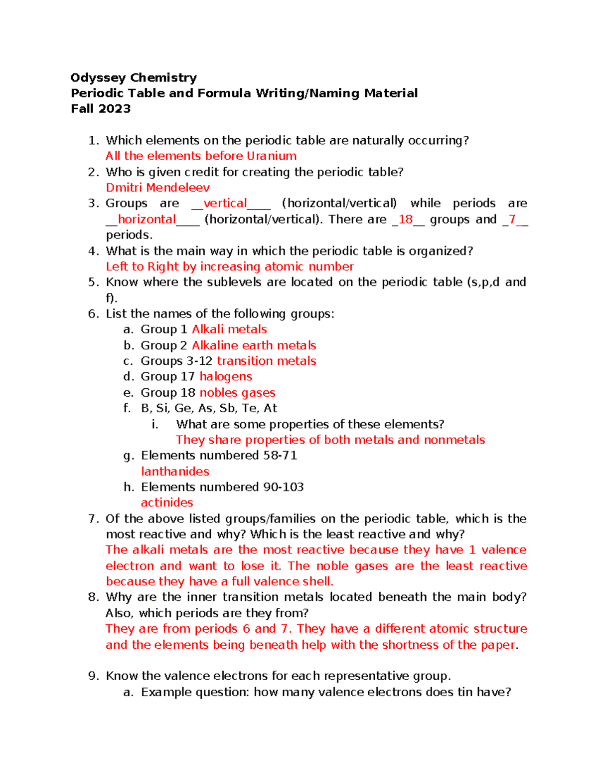 PT+and+Naming FW+Study+Material+ - Odyssey Chemistry Periodic Table and ...