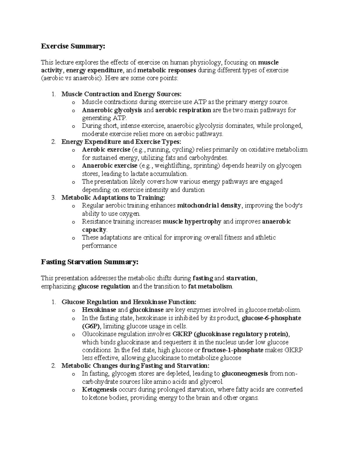 Exercise and fasting Summary - Exercise Summary: This lecture explores ...