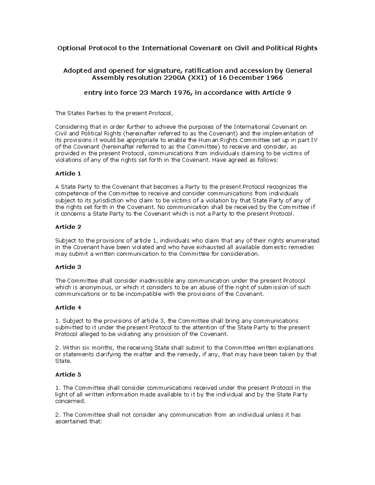 INTERNATIONAL COVENANT PROTECTION RIGHTOP 1 - Optional Protocol to the ...