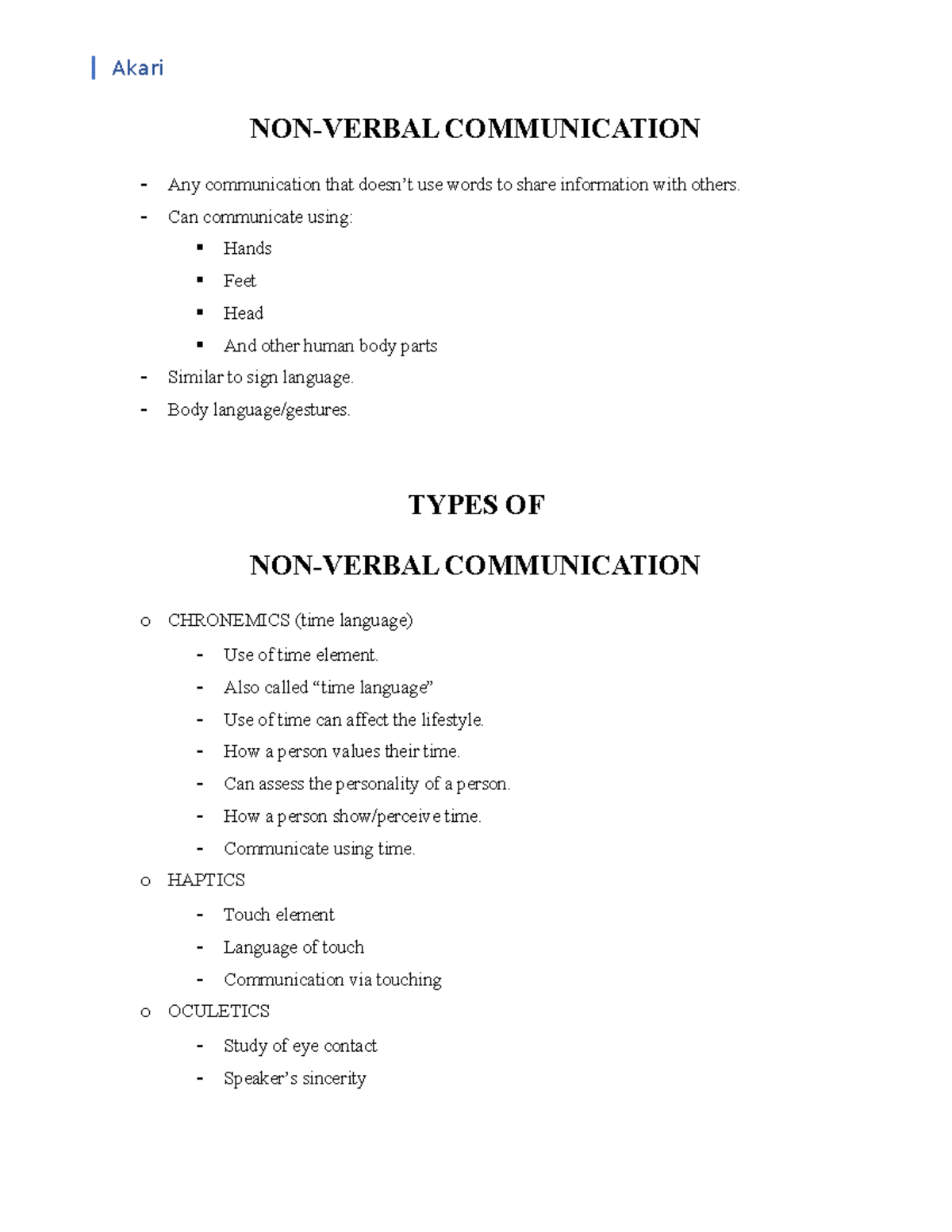 Oral Communication - Non-verbal communication (Akari) - Akari NON ...