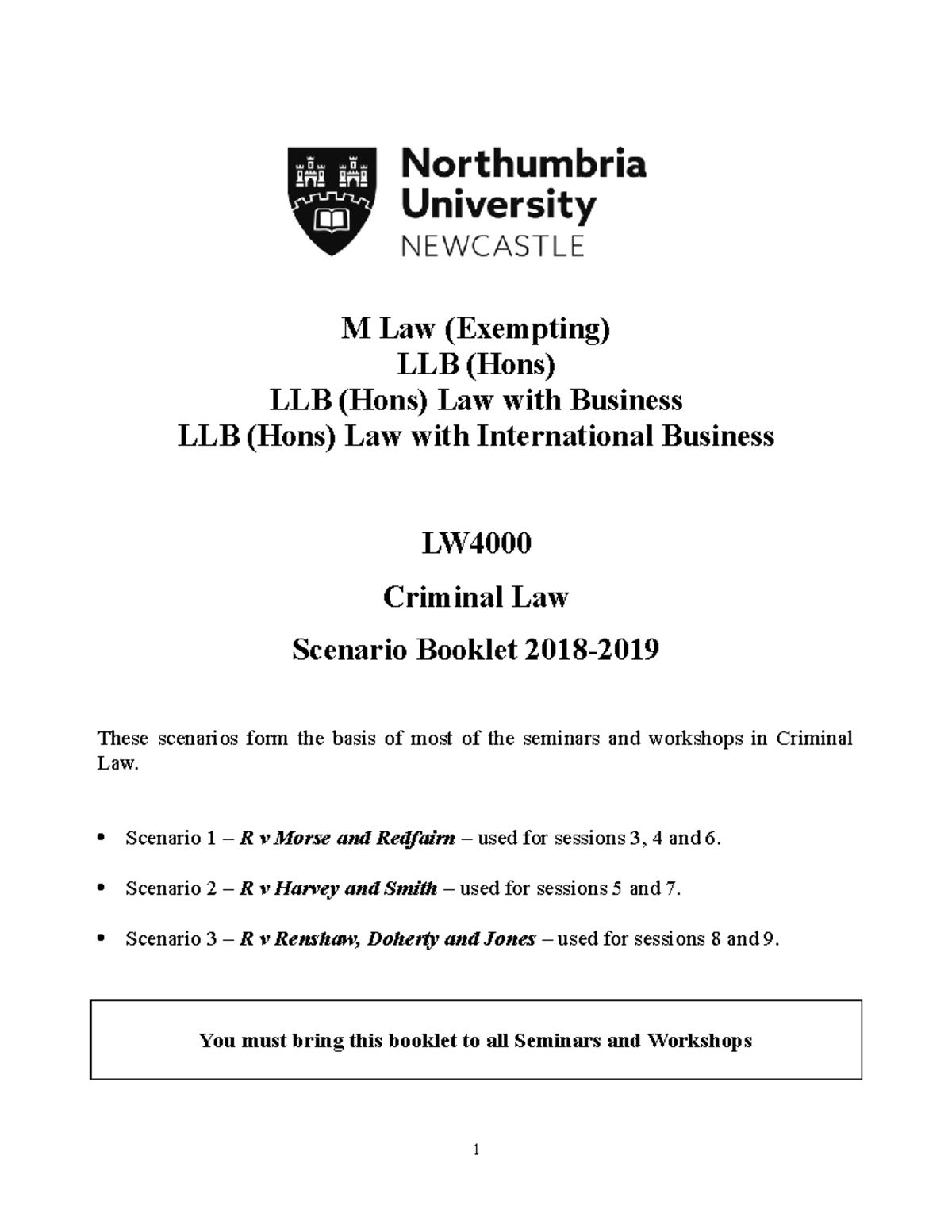 Criminal Law Scenarios 2018-2019 - M Law (Exempting) LLB (Hons) LLB ...