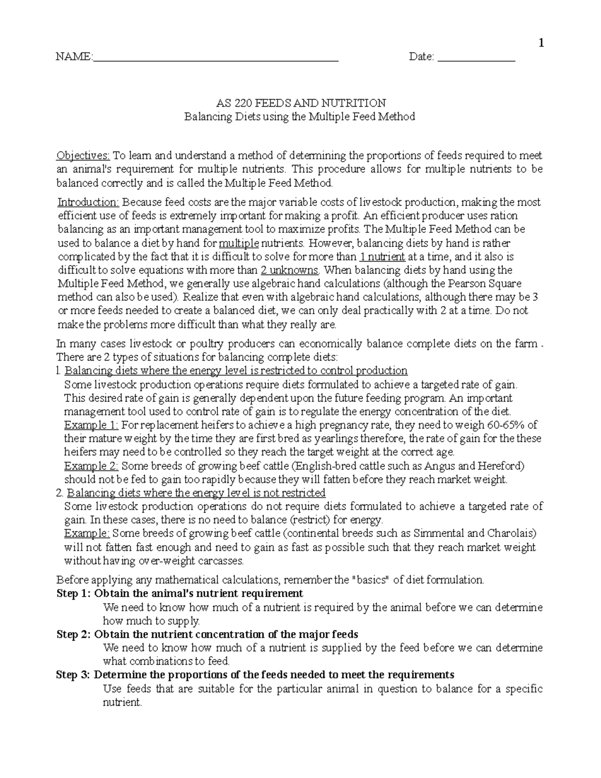 Lab 07 Multiple Feed Method - NAME: Date: AS 220 FEEDS AND NUTRITION ...