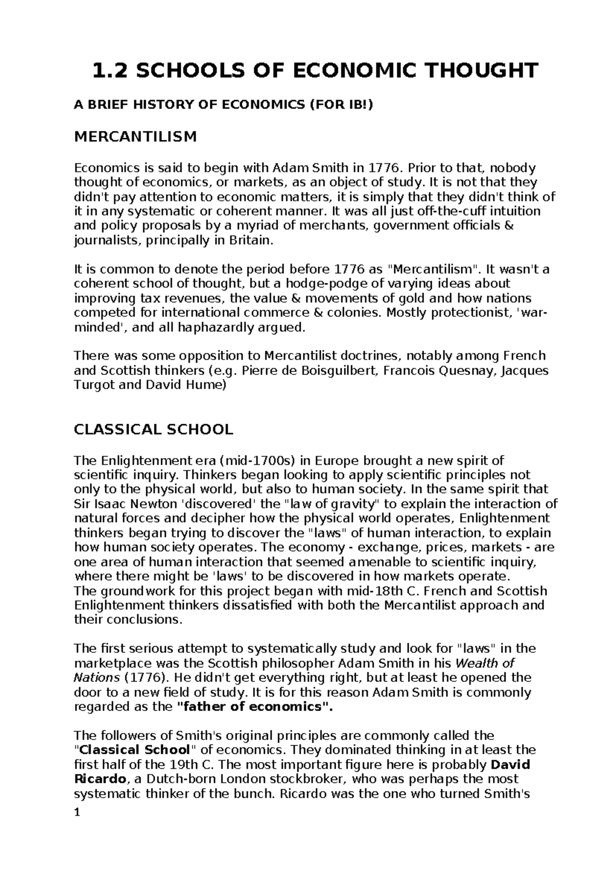 Economic Thought - unfinished notes - 1 SCHOOLS OF ECONOMIC THOUGHT A ...