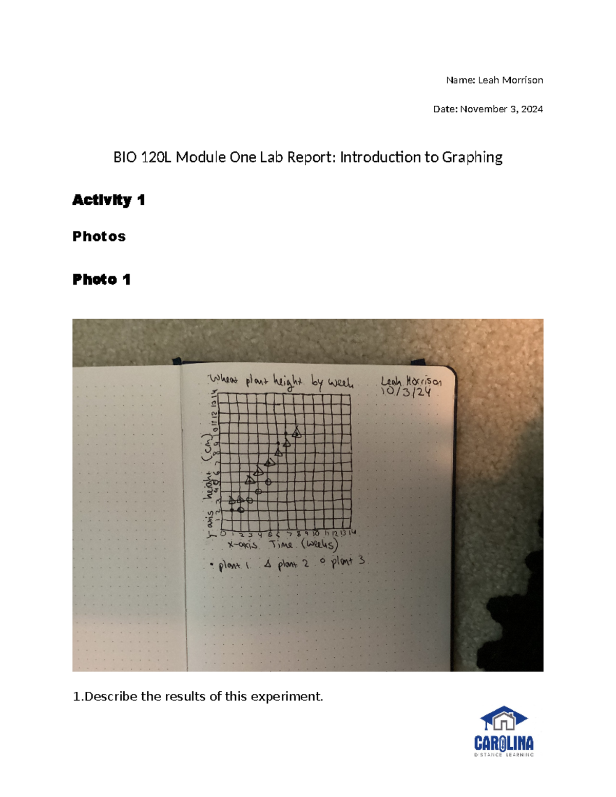 BIO 120L Module One Introduction to Graphing Lab Report Template - Name ...