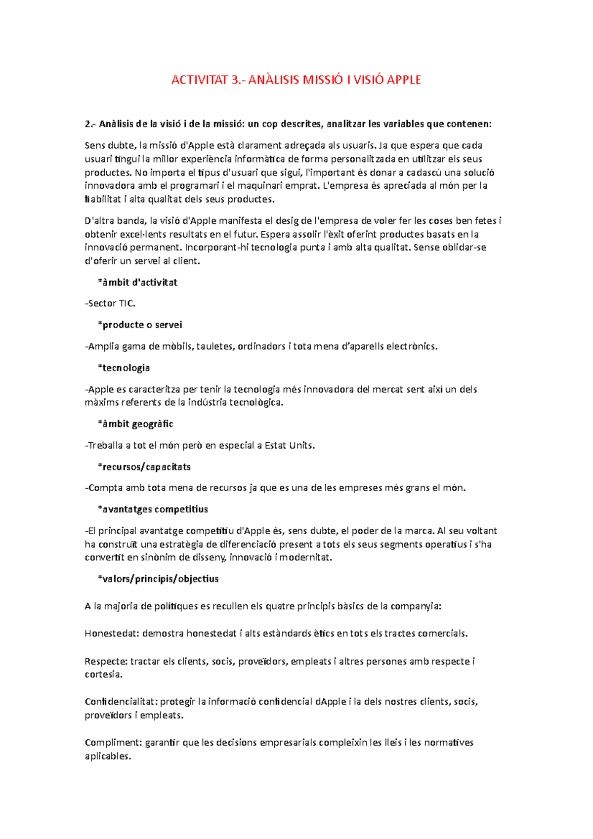 Activitat 3 DE - Actividad 3 trabajo dirección estratégica - ACTIVITAT 3.- ANÀLISIS MISSIÓ I ...