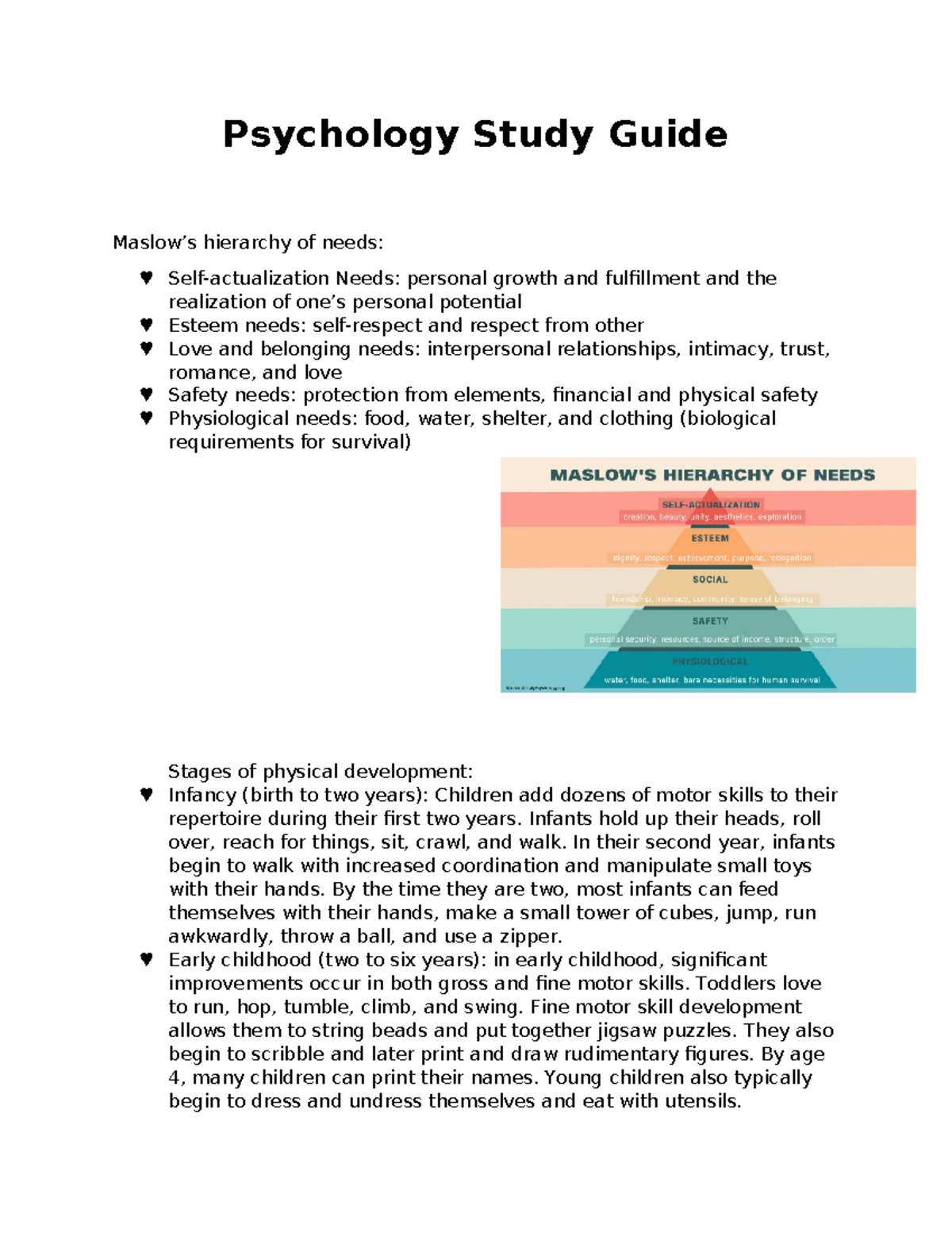 Psychology study guide - Psychology Study Guide Maslow’s hierarchy of ...