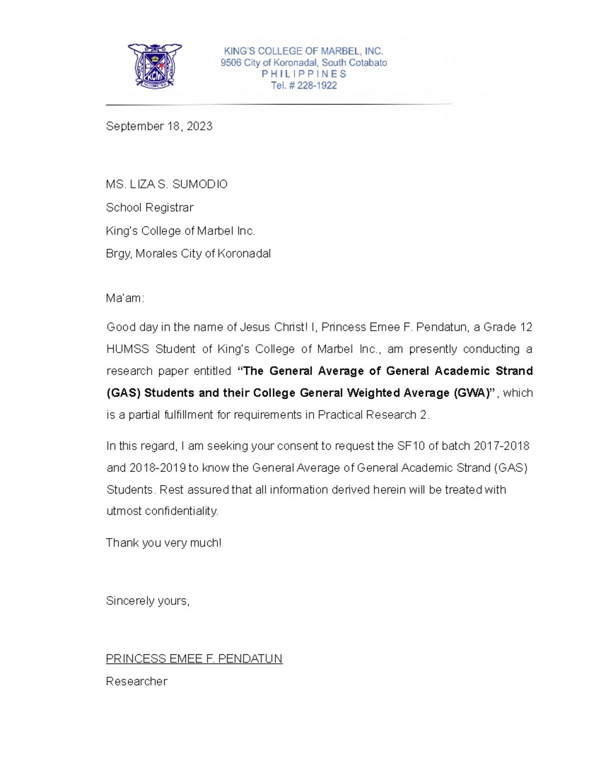 Letter-OF- Communication - September 18, 2023 MS. LIZA S. SUMODIO ...