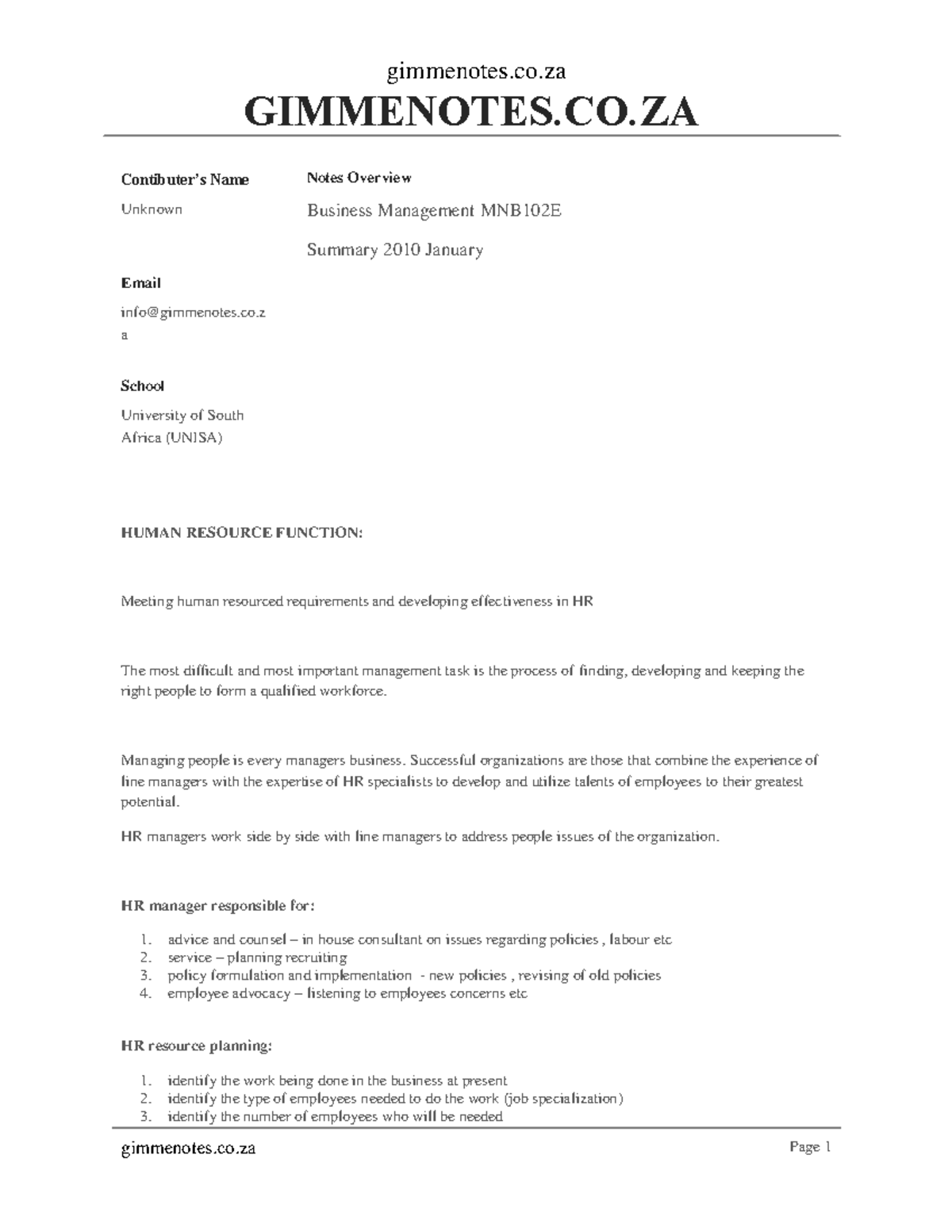 MNB1601 2010 Summary Business Management - GIMMENOTES.CO Notes Overview ...