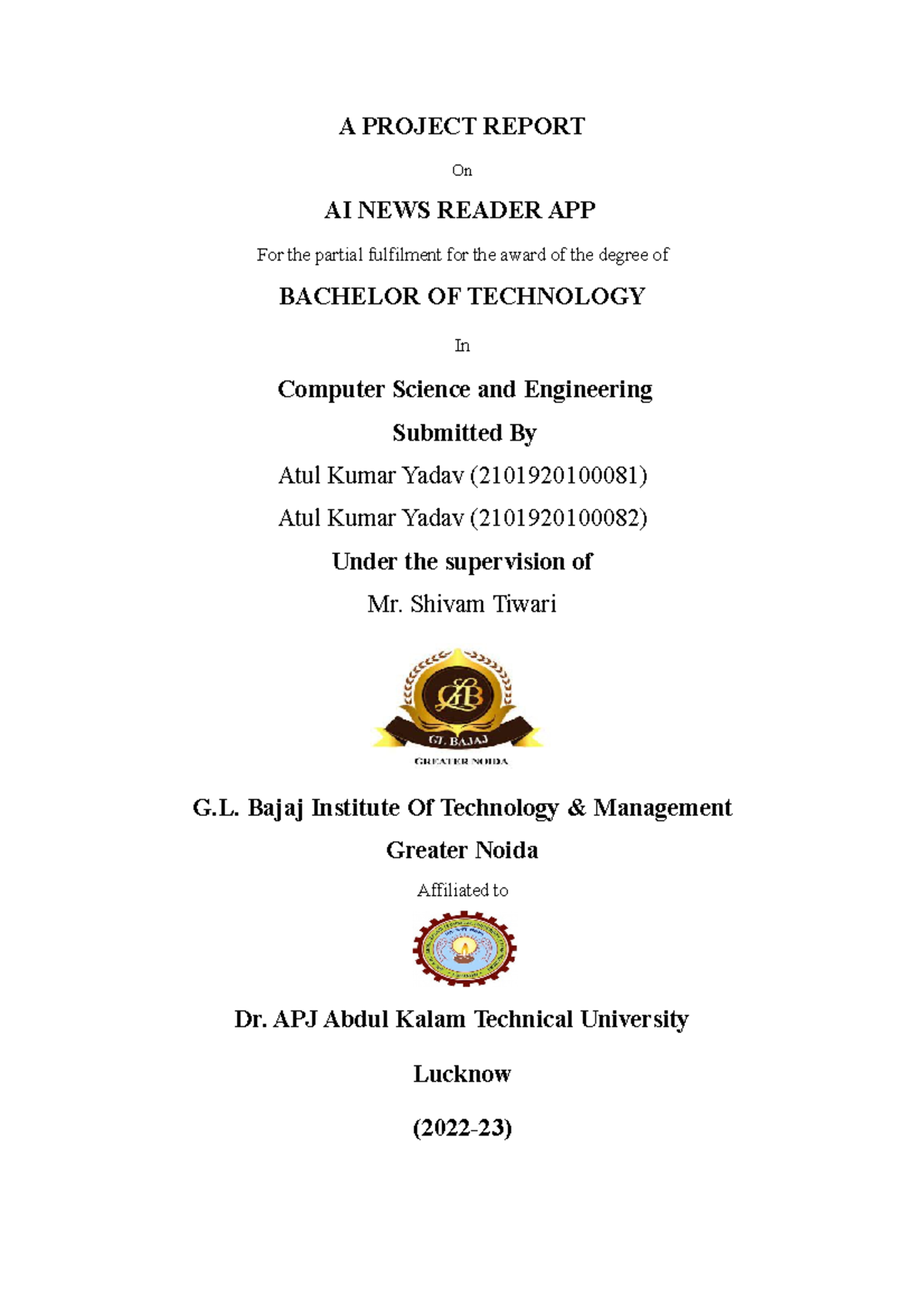 A Project Report - A PROJECT REPORT On AI NEWS READER APP For the ...