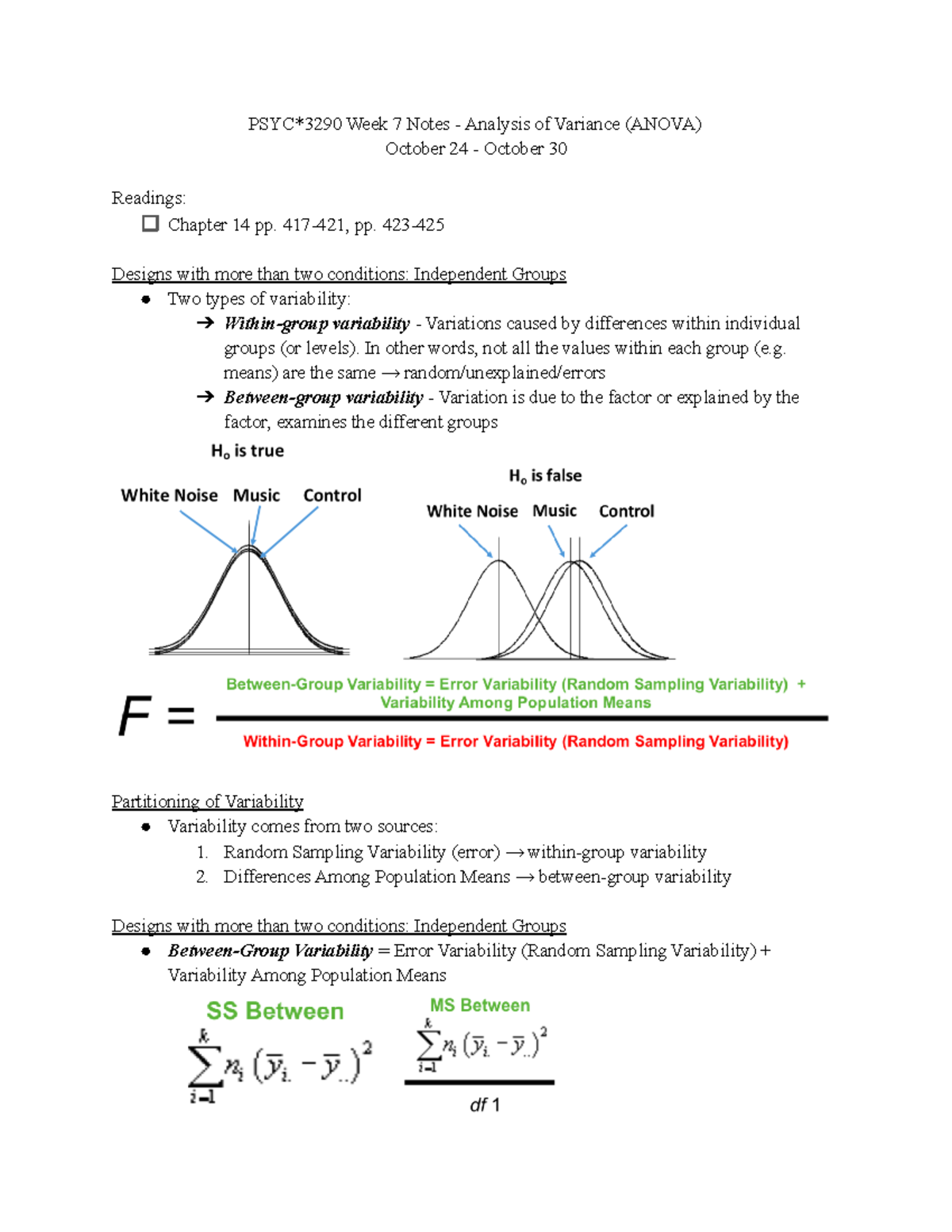 PSYC 3290 Week 7 Notes - PSYC*3290 Week 7 Notes - Analysis of Variance ...