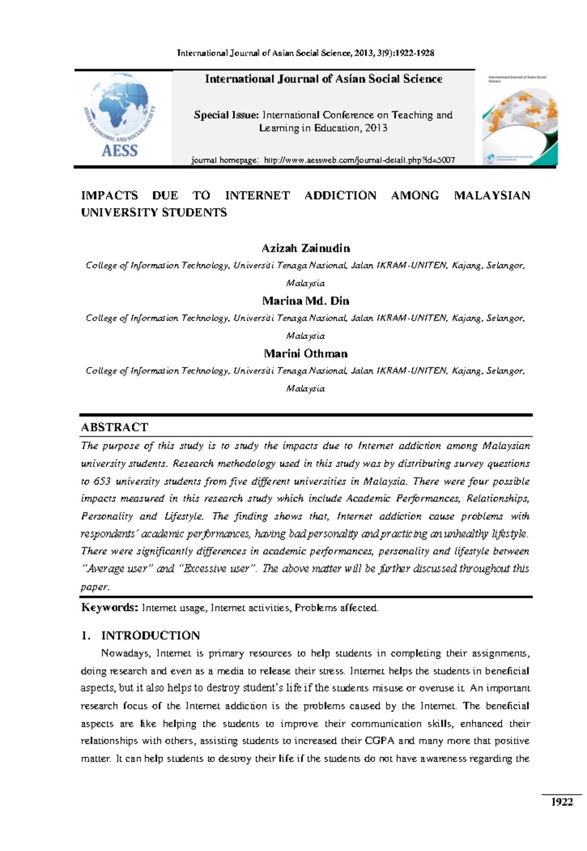 Imc401 - description - IMPACTS DUE TO INTERNET ADDICTION AMONG ...