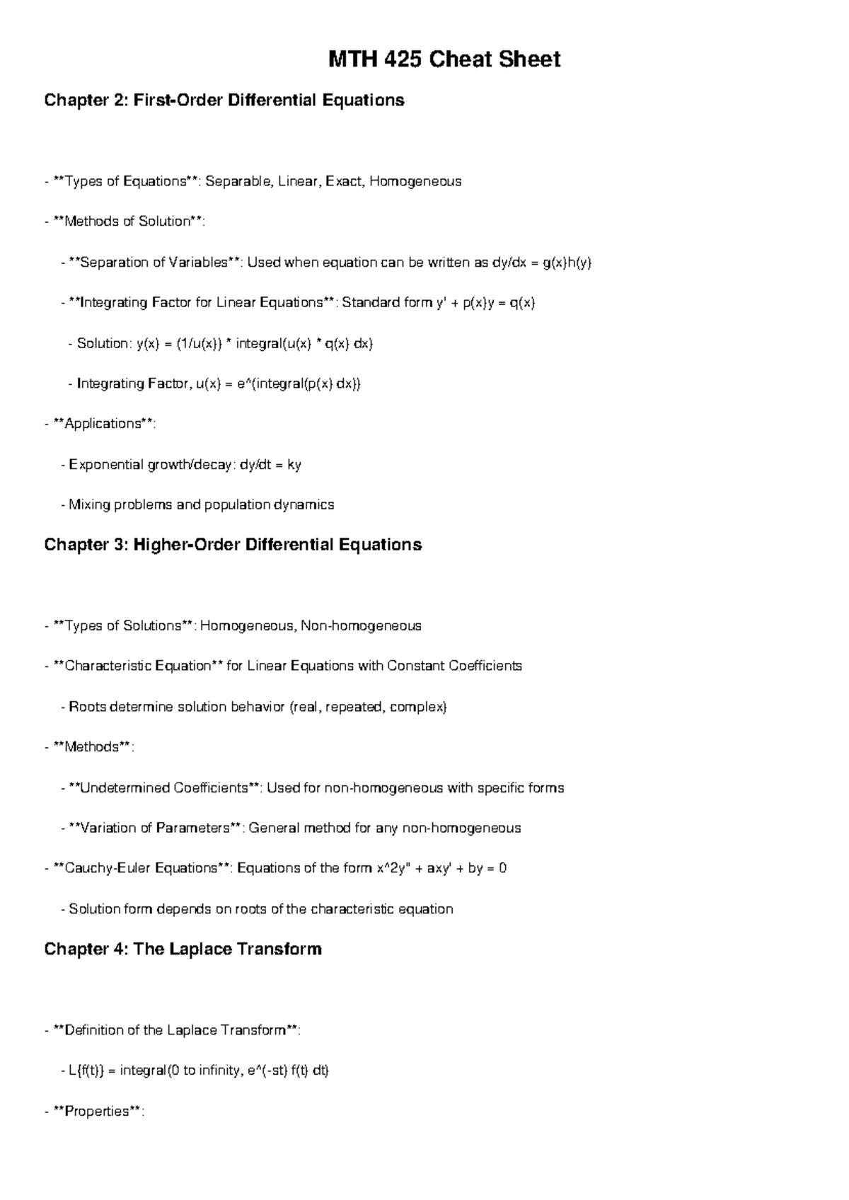 MTH 425 Cheat Sheet - Contains just a summary - MTH 425 Cheat Sheet ...