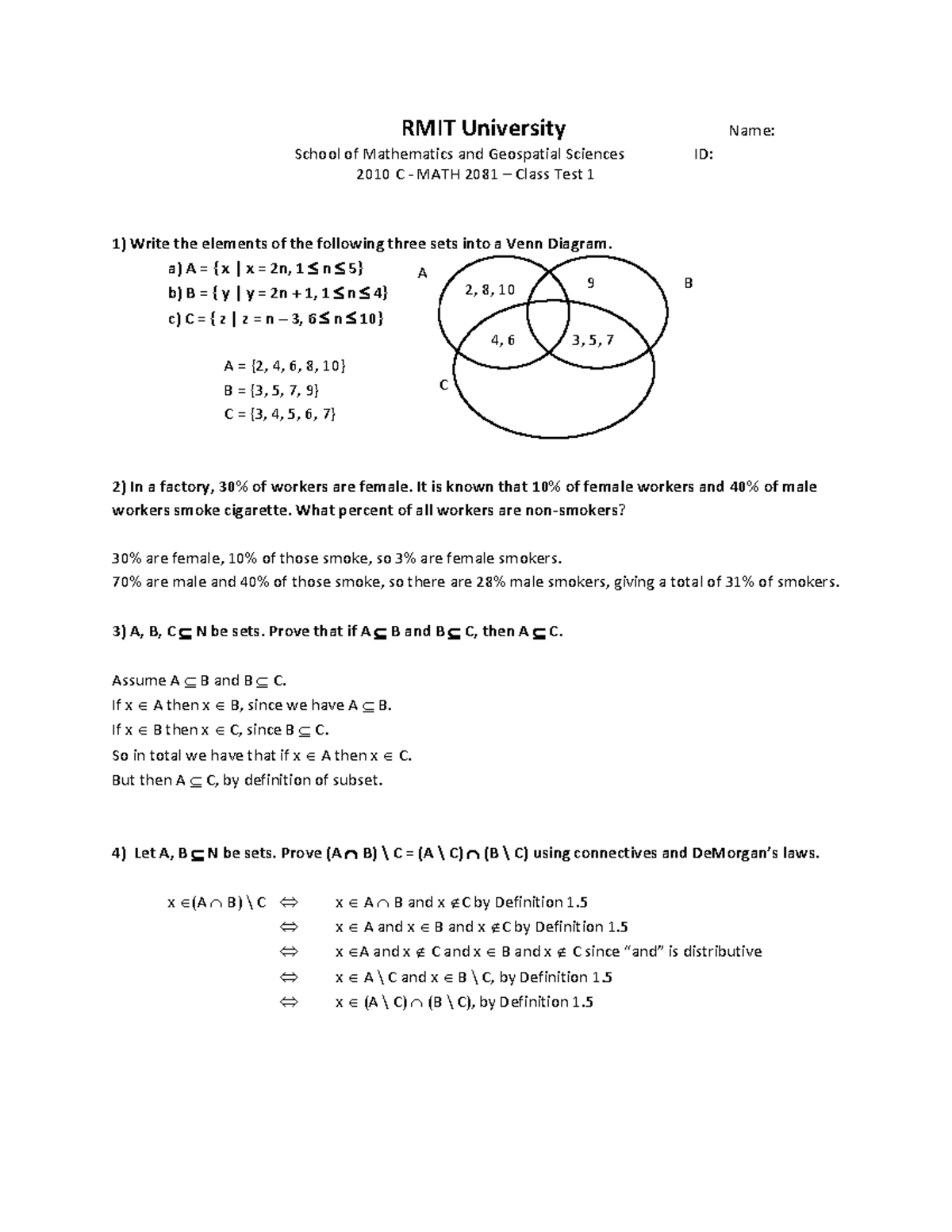 Exam 2010, questions and answers - class tests 1-11 (C) - RMIT ...