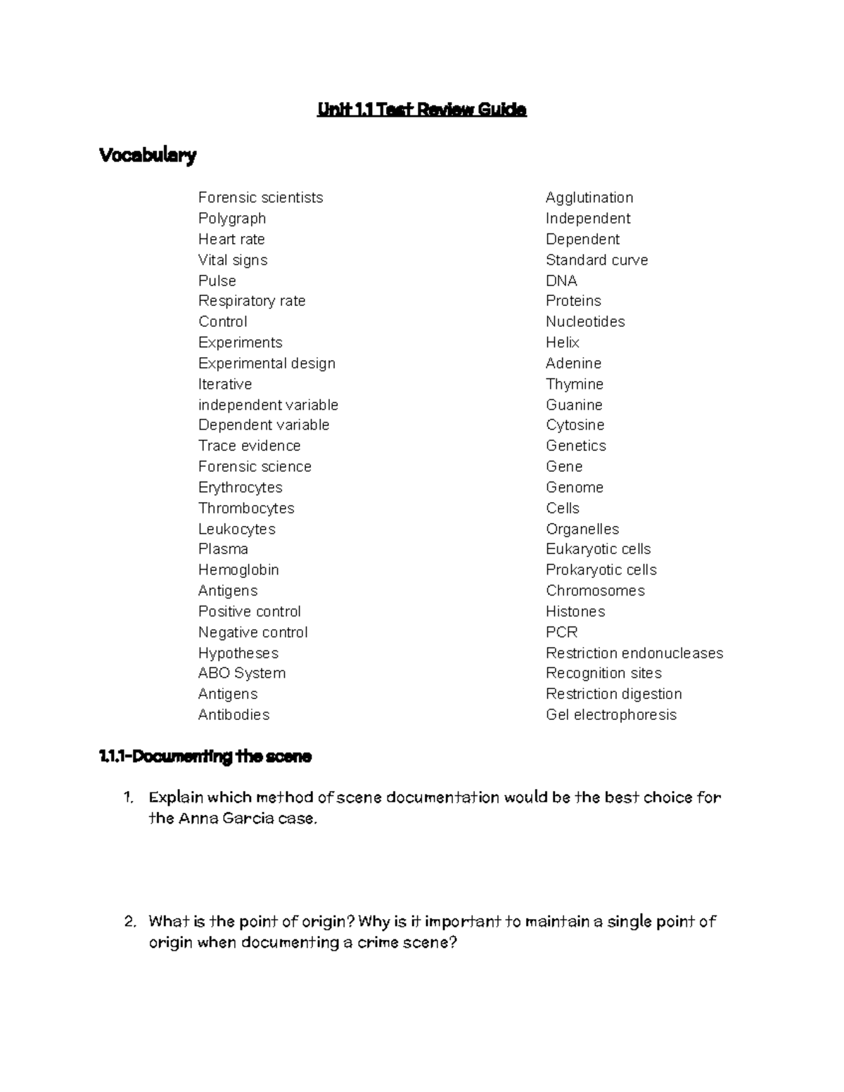 Study guide biology - Unit 1 Test Review Guide Vocabulary Forensic ...
