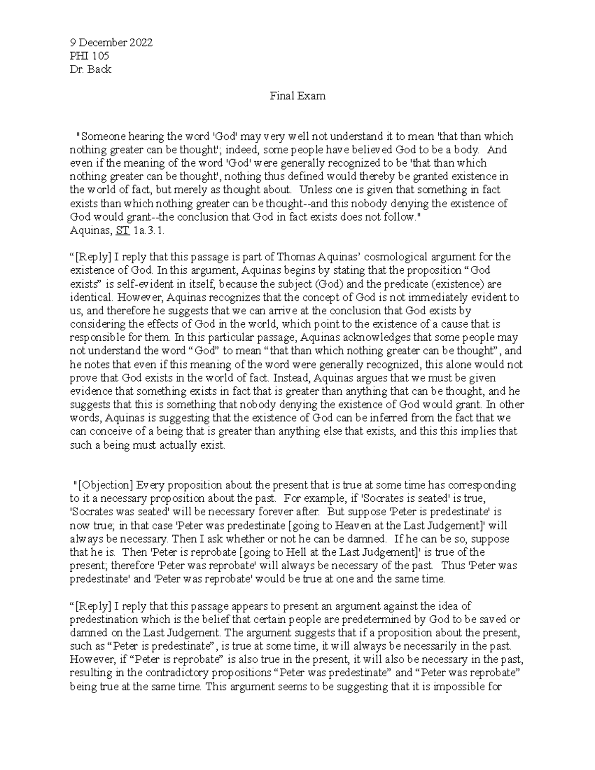 PHI 105 Final Exam - Dr. Back - 9 December 2022 PHI 105 Dr. Back Final Exam "Someone hearing ...