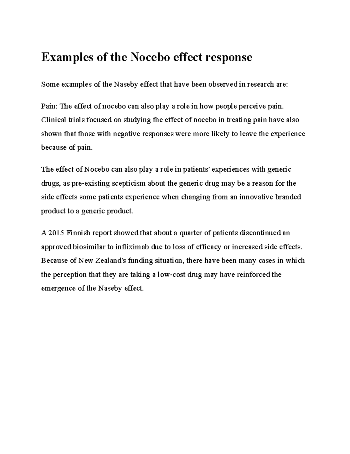 Examples of the Nocebo effect response - Clinical trials focused on ...