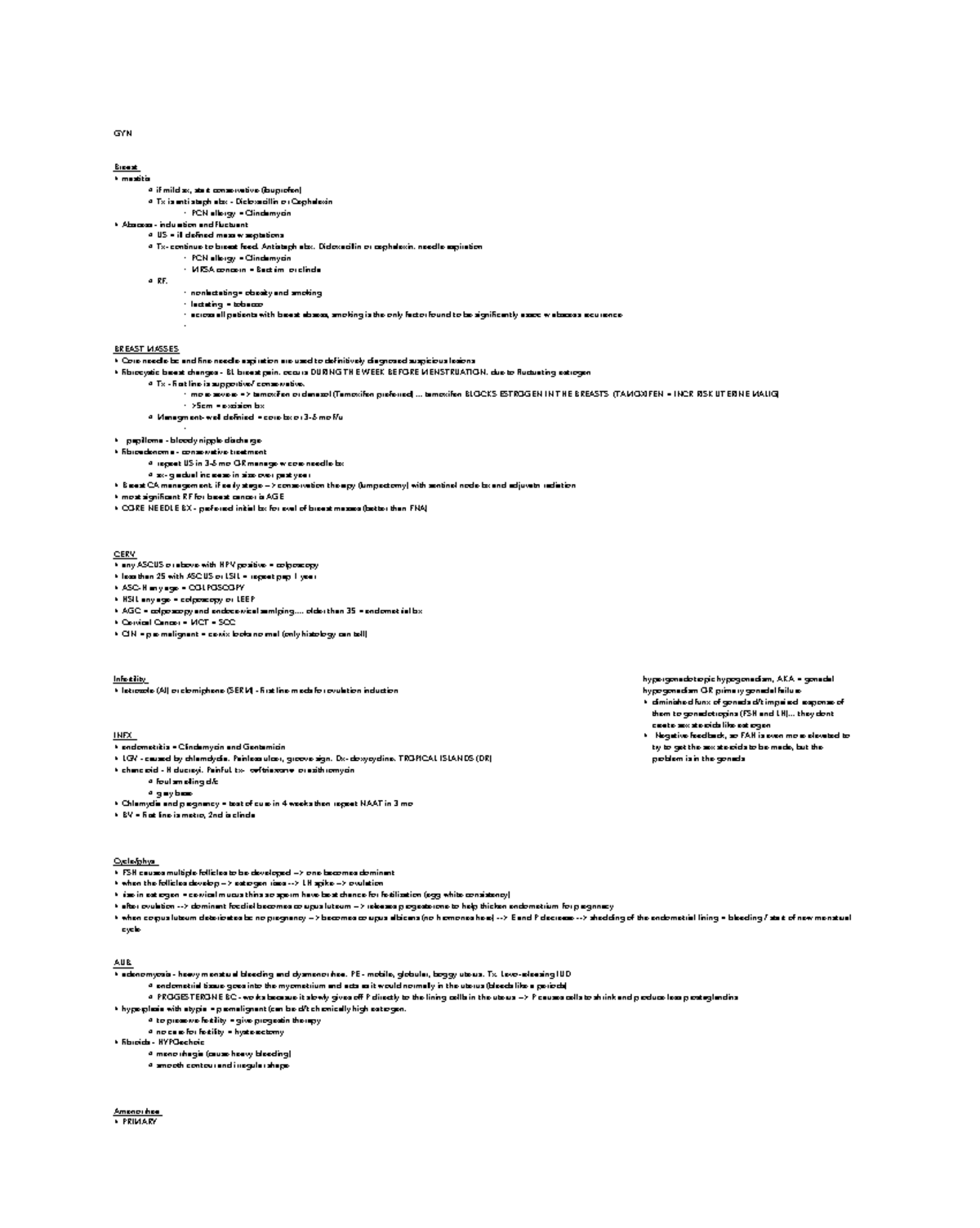 Womens Health EOR Cheat sheet (high yield) - GYN Breast mastitis if mild sx, start conservative ...