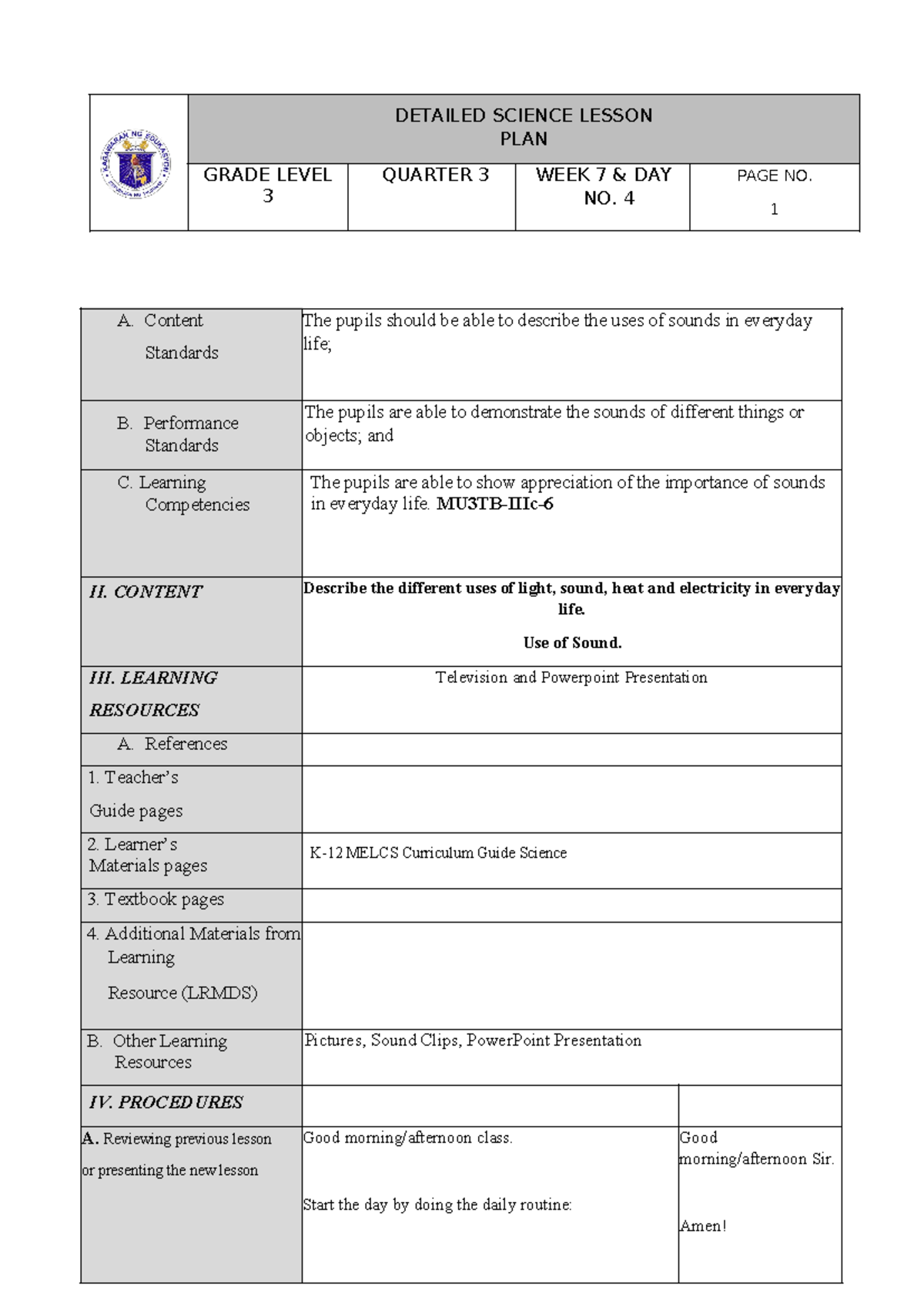 DETAILED Lesson PLAN ON Grade 3 Science - PLAN GRADE LEVEL 3 QUARTER 3 ...