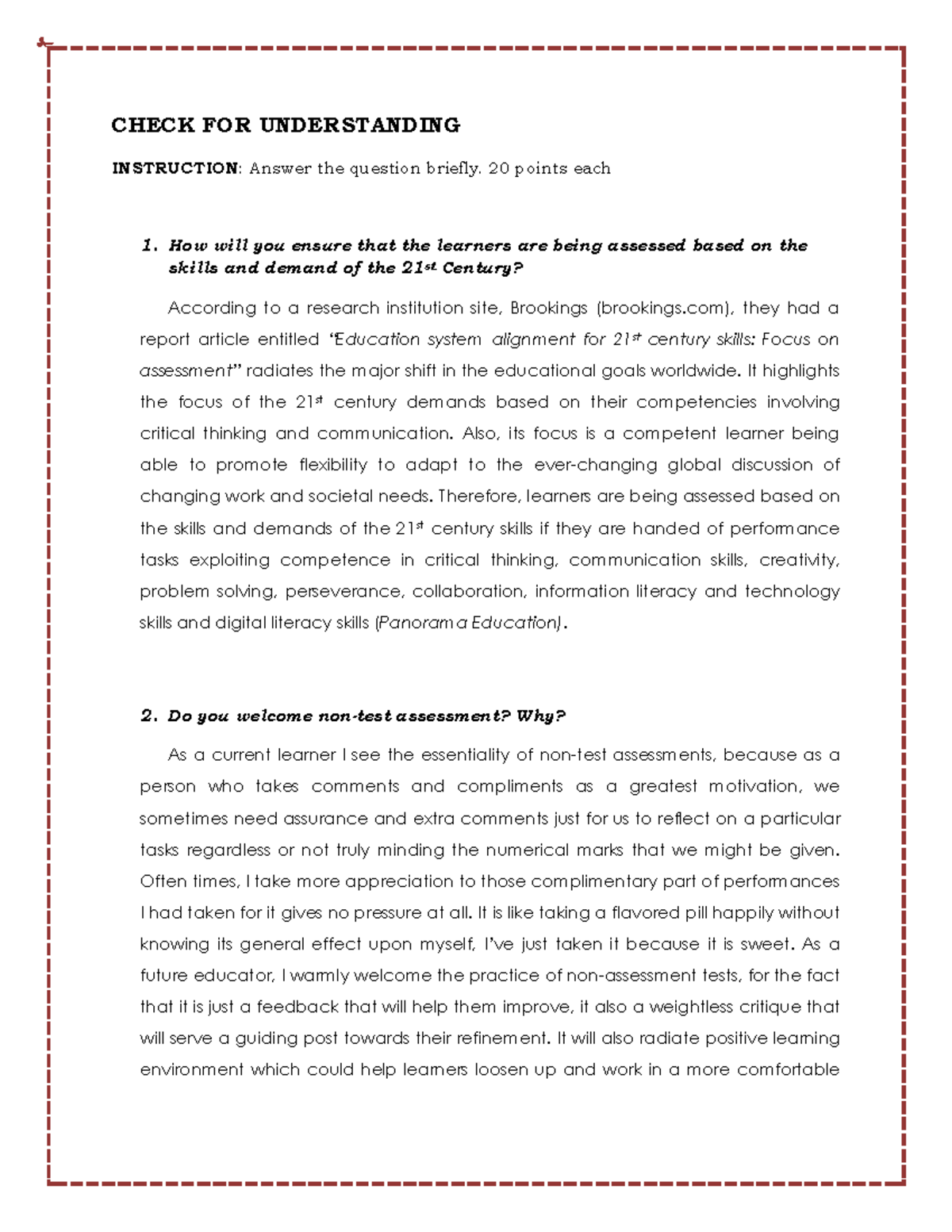 Check FOR Understanding - CHECK FOR UNDERSTANDING INSTRUCTION: Answer the question briefly. 20 ...