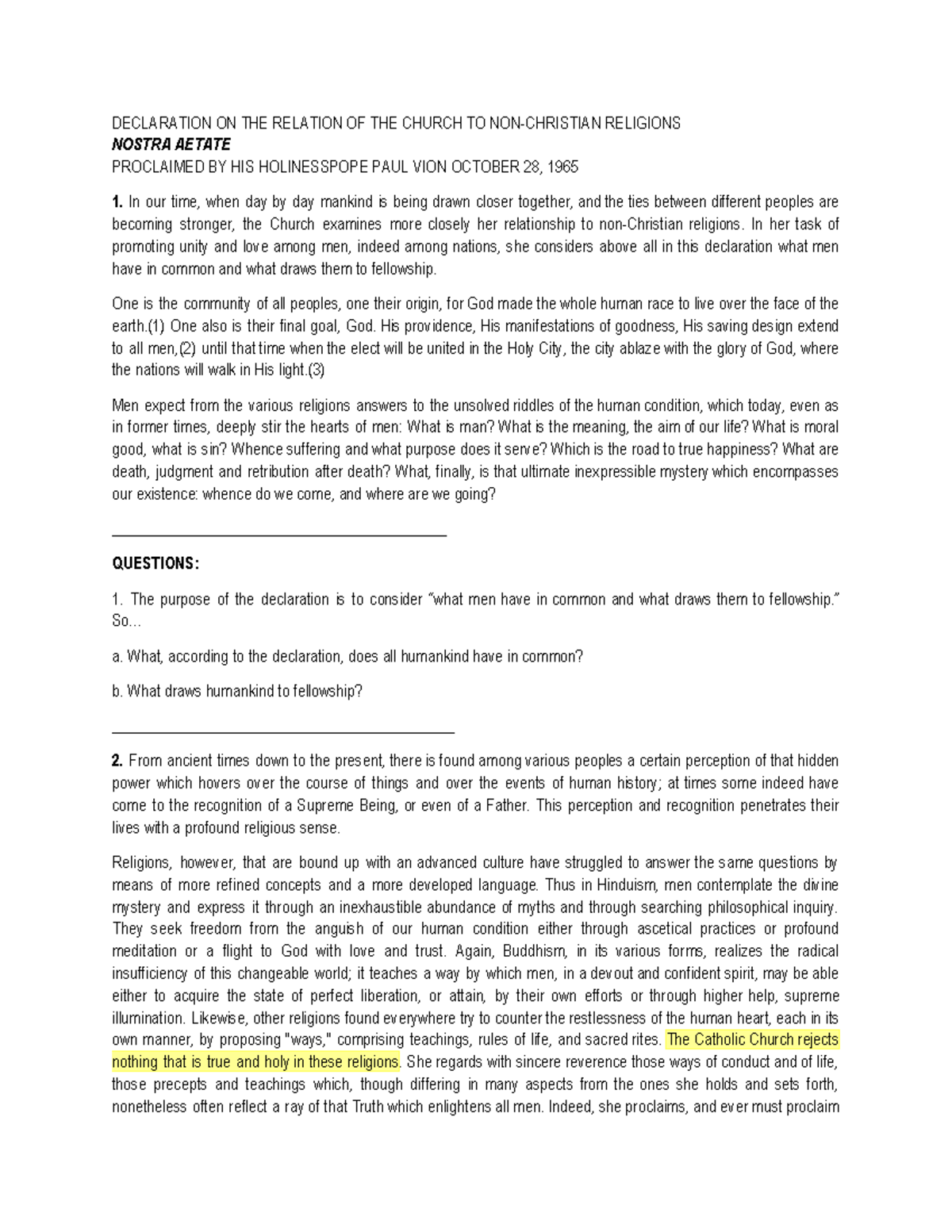 Nostra Aetate - good - DECLARATION ON THE RELATION OF THE CHURCH TO NON ...