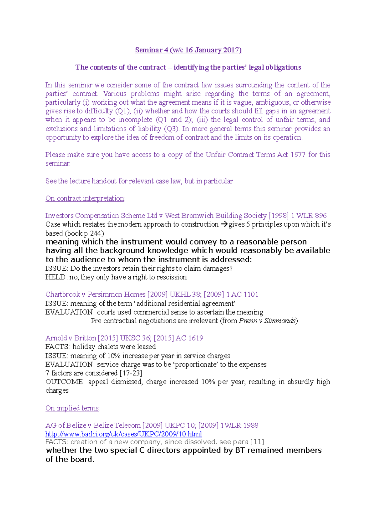 Seminar 4 contents of the contract - Seminar 4 (w/c 16 January 2017 ...
