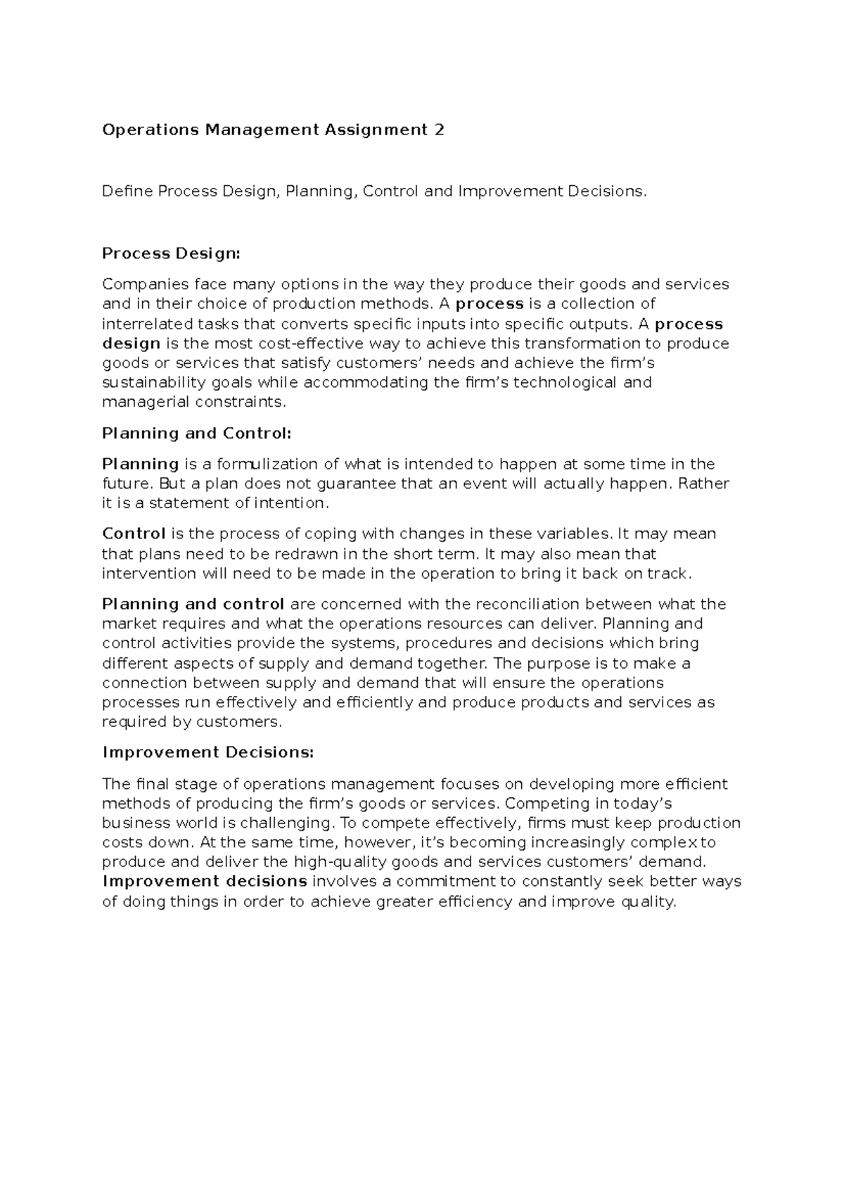 Operations Management Assignment 2 - Process Design: Companies face ...