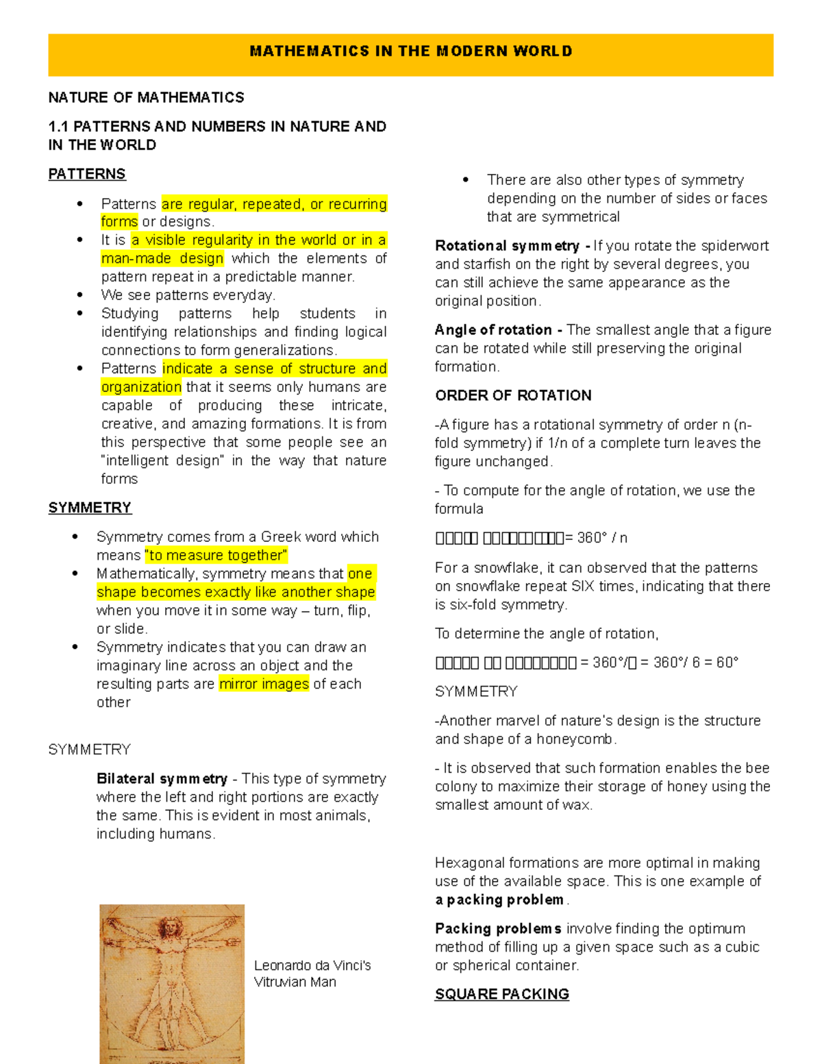 MMW - Notes - math - NATURE OF MATHEMATICS 1 PATTERNS AND NUMBERS IN ...