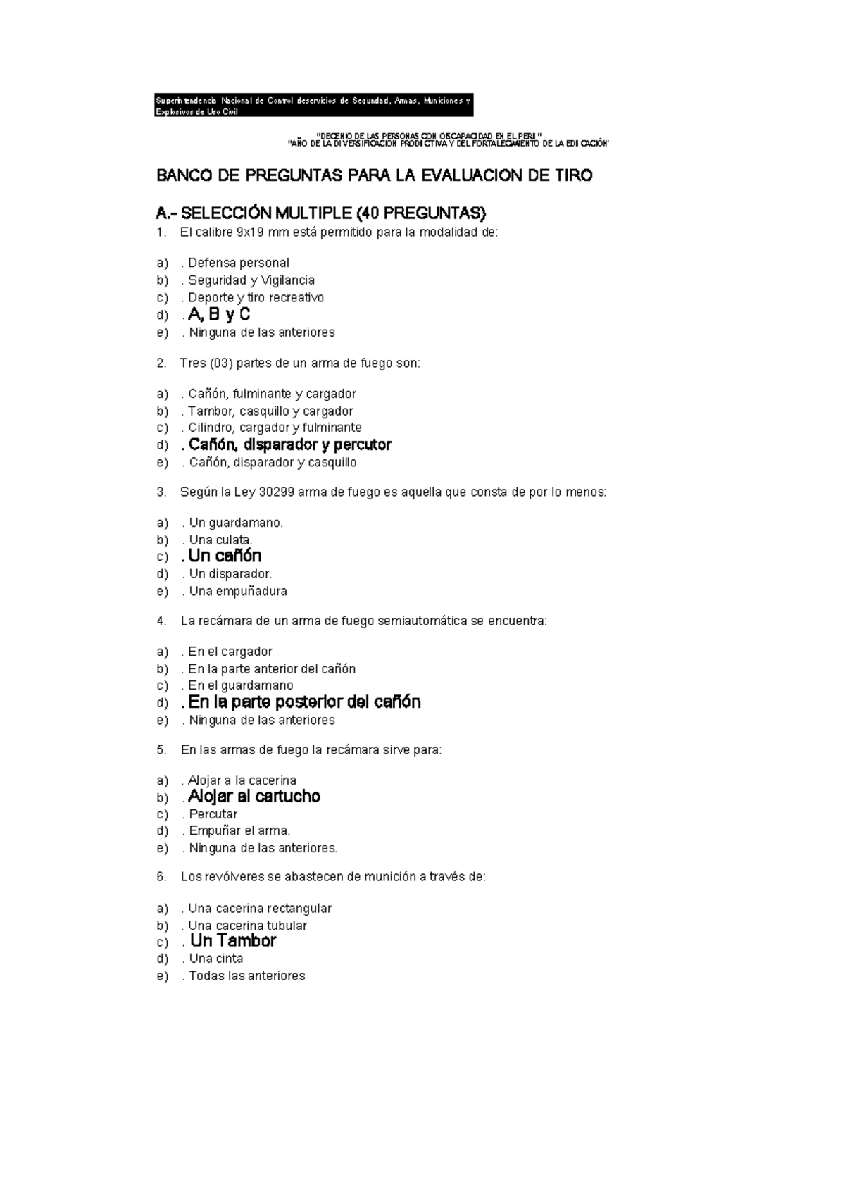 Balotario Sucamec. Banco Preguntas - Superintendencia Nacional de Control deservicios de ...