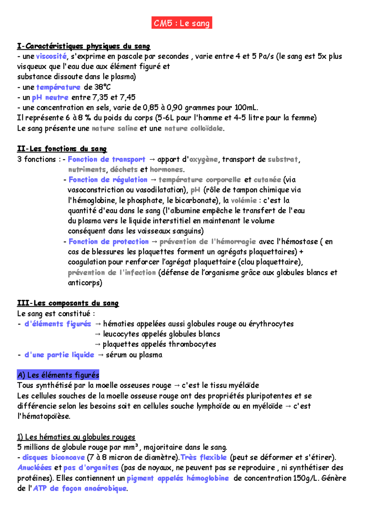 CM5 Le sang - Note de cours sur le chapitre : Le sang. Base de la ...
