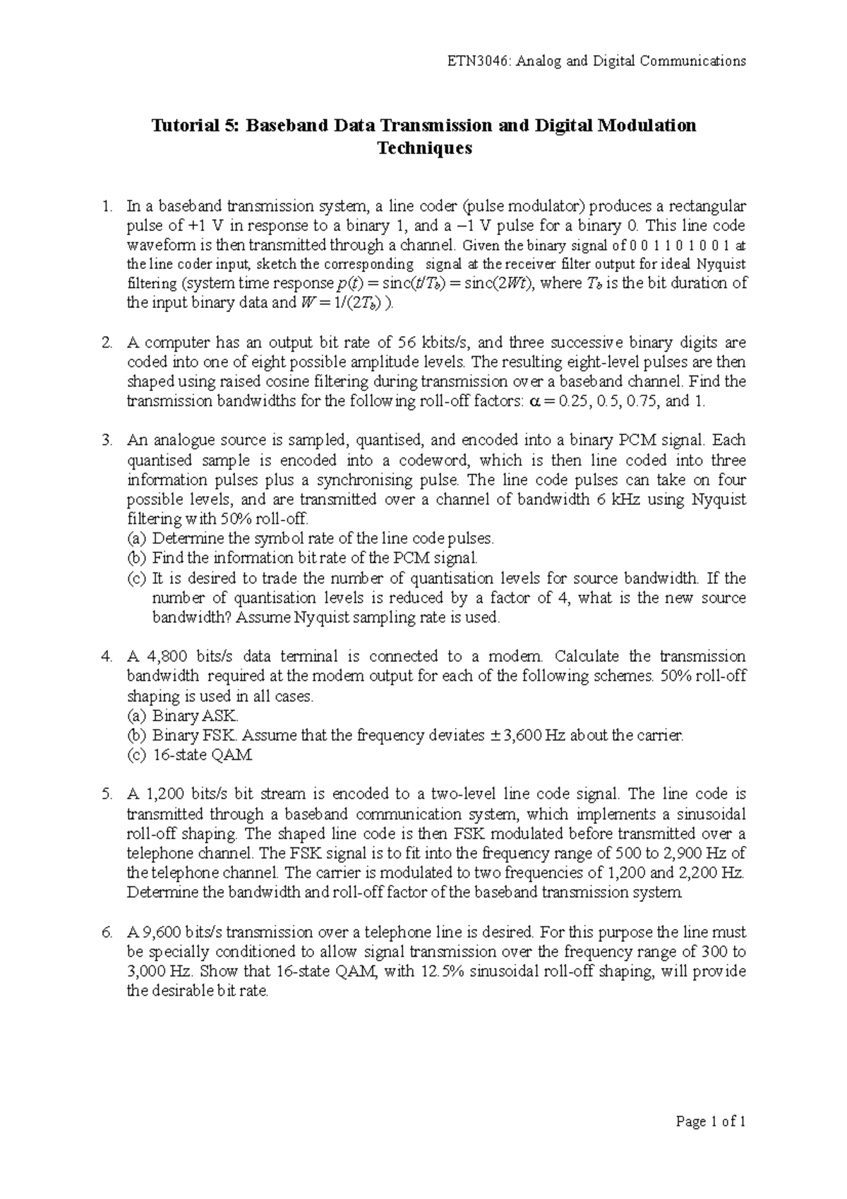 ETN3046-Tutorial 5-Question - ETN3046: Analog and Digital Communications Tutorial 5: Baseband ...