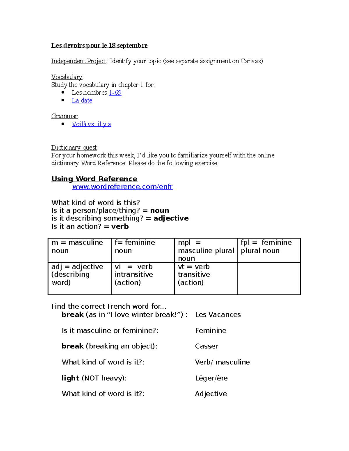 French Homework 9:18 - Les devoirs pour le 18 septembre Independent ...