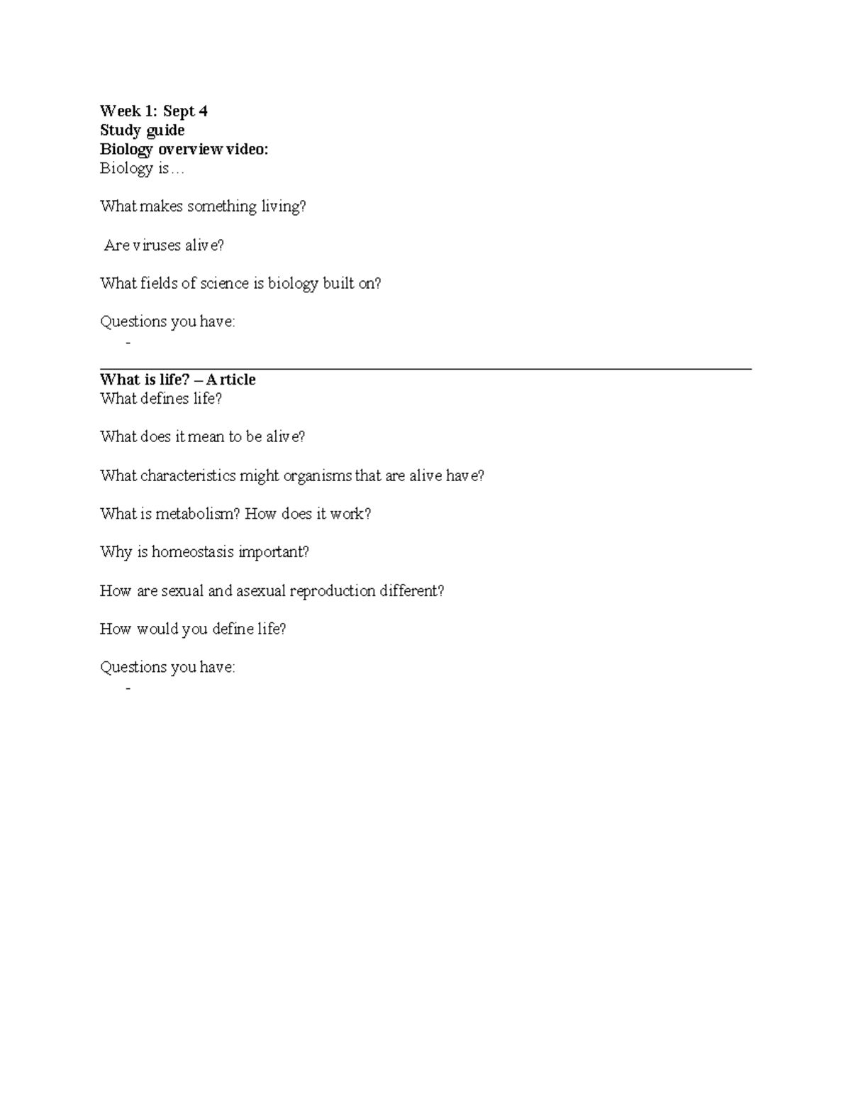 Week 1 Study guide - Week 1: Sept 4 Study guide Biology overview video ...