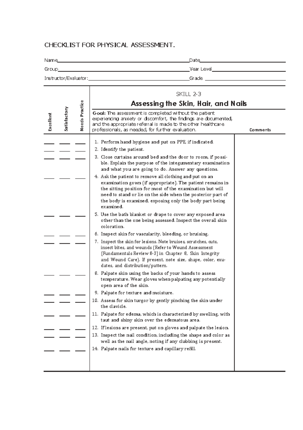 Physical EXAM - Nursing - CHECKLIST FOR PHYSICAL ASSESSMENT. Name Date ...