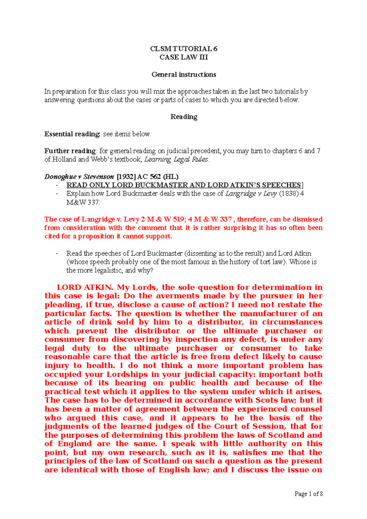 MATC - CLSM - Tut 6 - cases III - CLSM TUTORIAL 6 CASE LAW III General instructions In ...