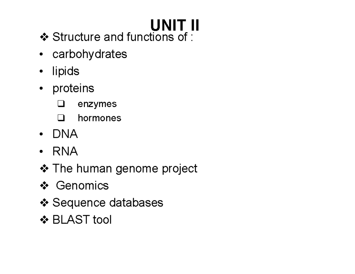 Computational Biology UNIT 2 Final - UNIT II Structure and functions of ...