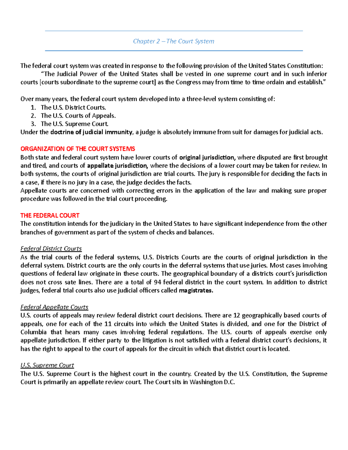Chapter 2 – The Court System - Chapter 2 The Court System The federal ...
