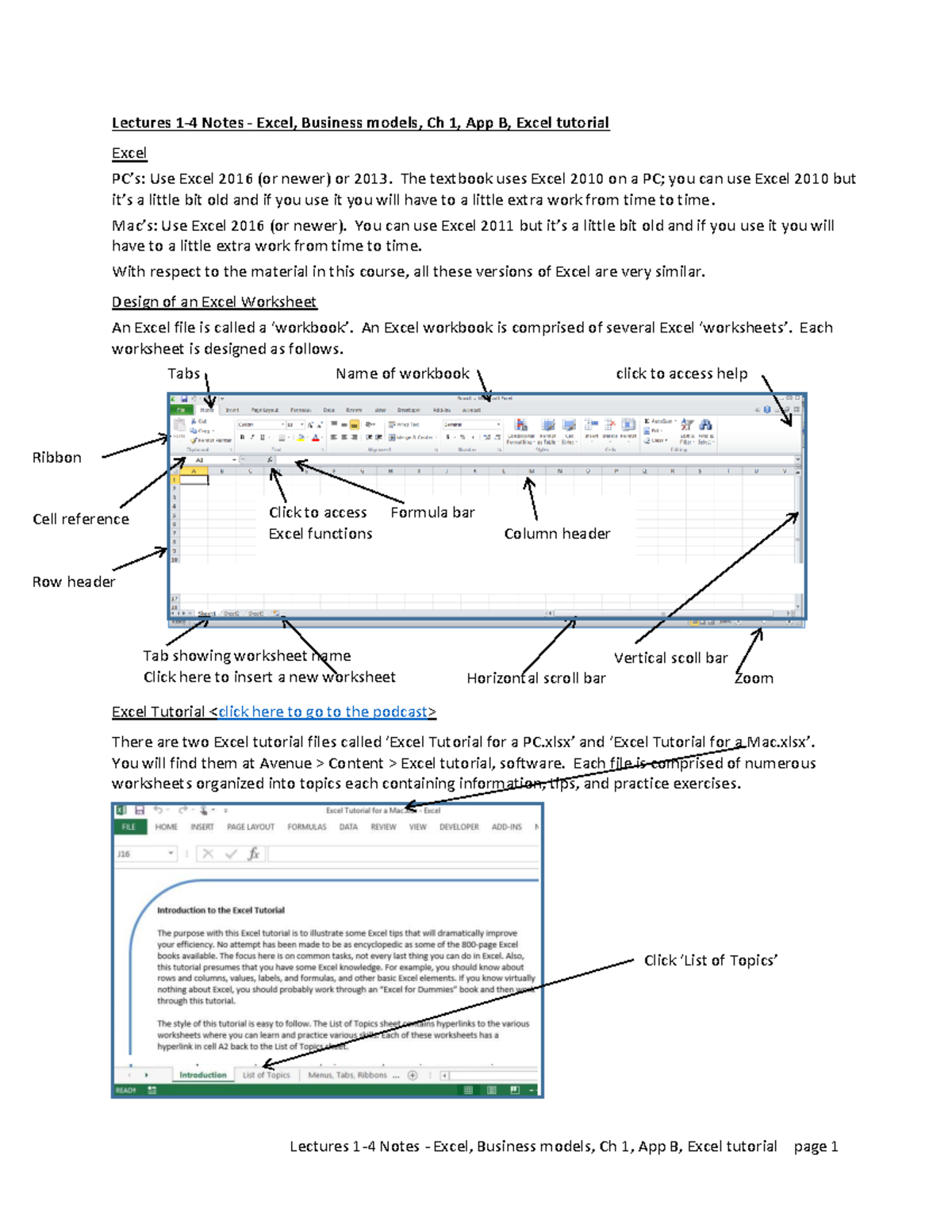 Lectures 1-4 Notes - Excel, Business models, Ch 1, App B, Excel ...