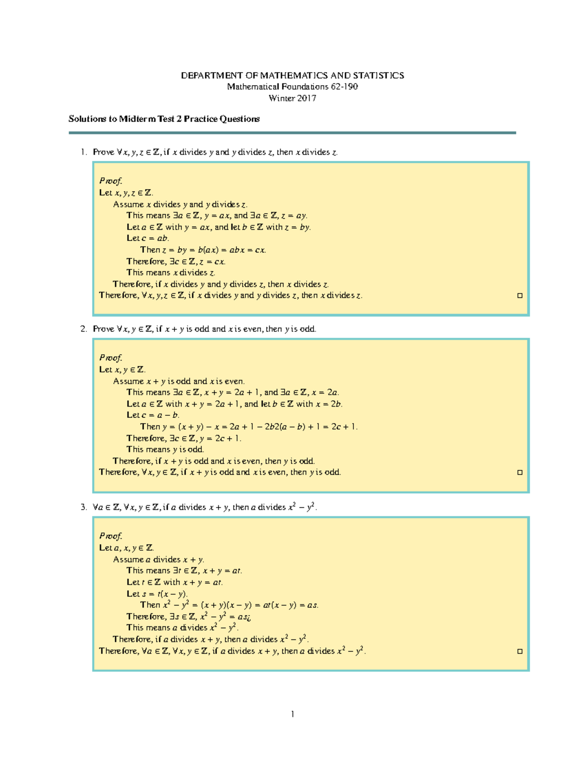 Test Practice Questions 2 - DEPARTMENT OF MATHEMATICS AND STATISTICS ...