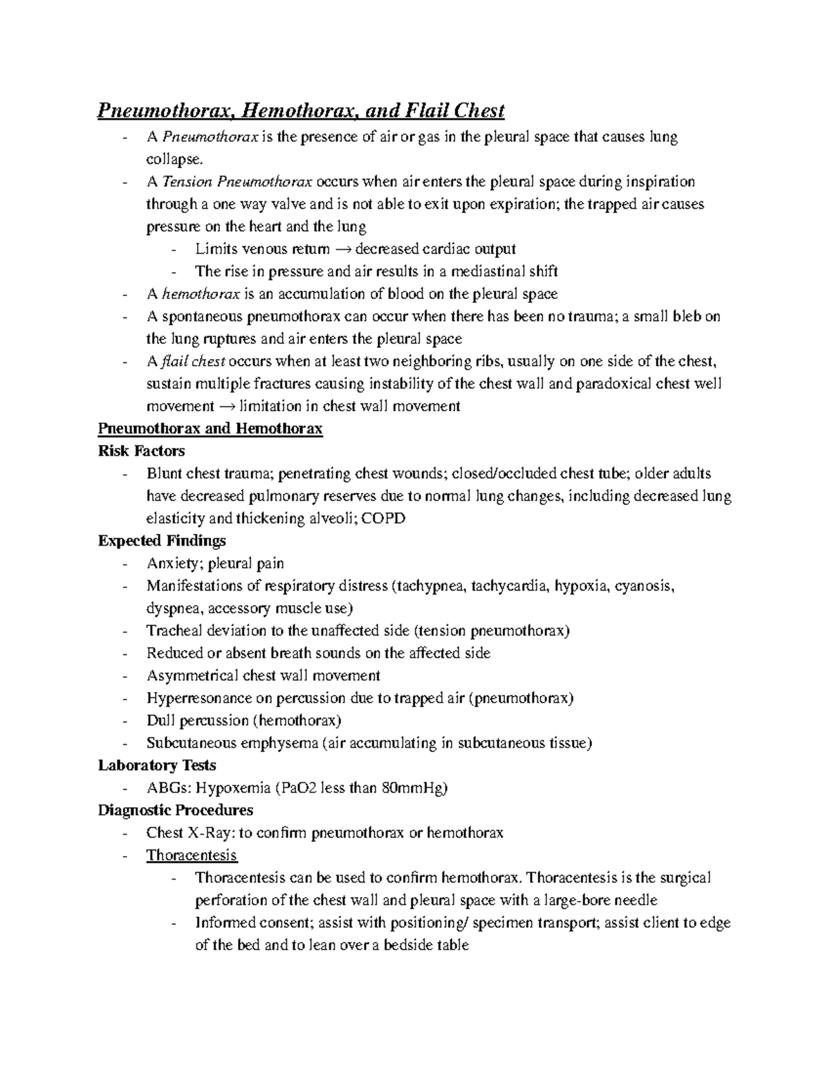 Pneumothorax, Hemothorax, and Flail Chest Notes - Pneumothorax ...